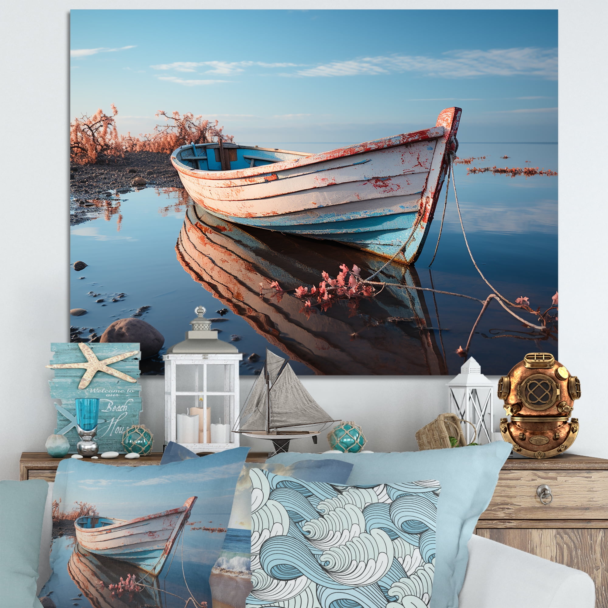 Designart "Azure And Snow Boat View I" Coastal Boat Wall Decor ...