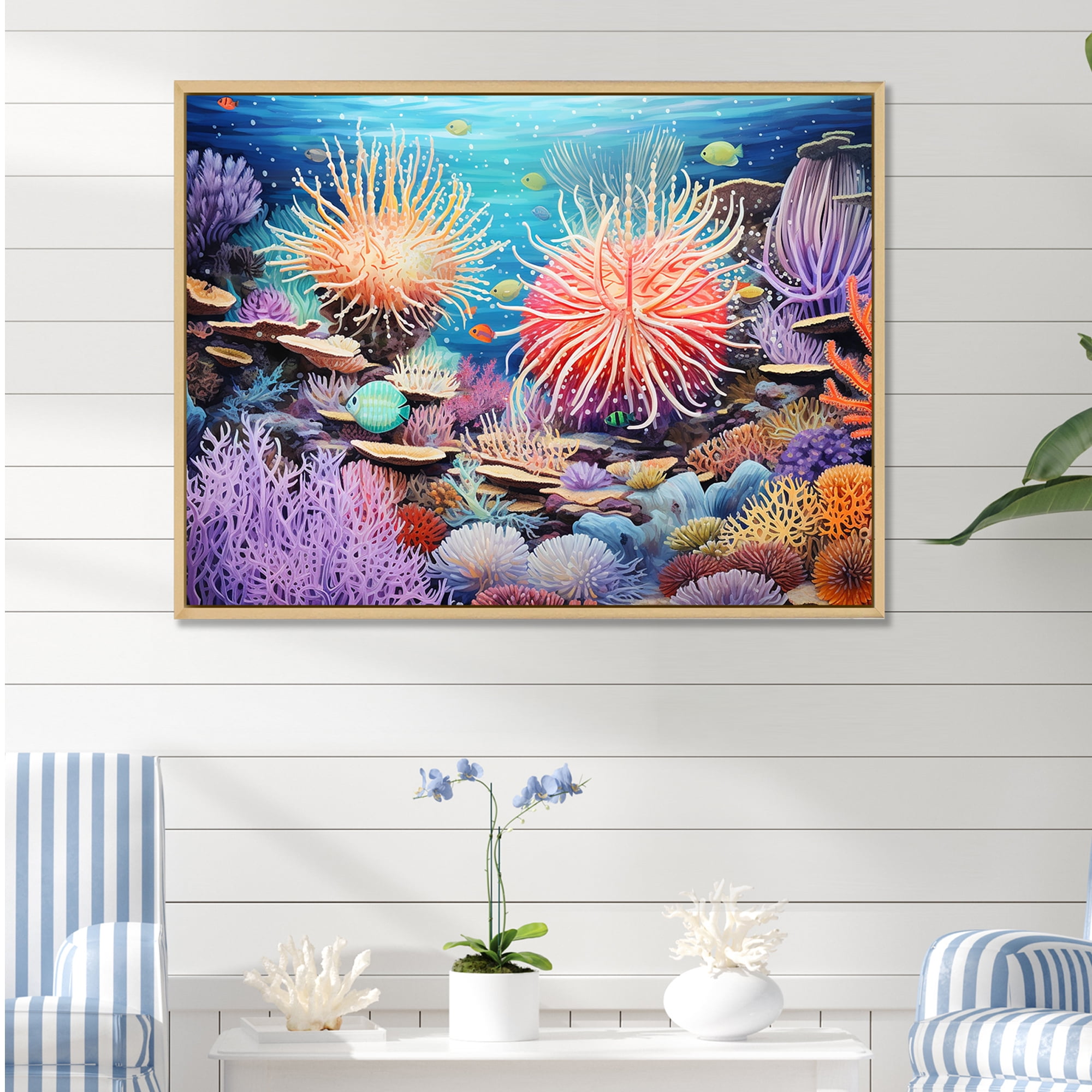 Designart "Azure And Violet Anemone Crown" Coastal Coral Under Water ...