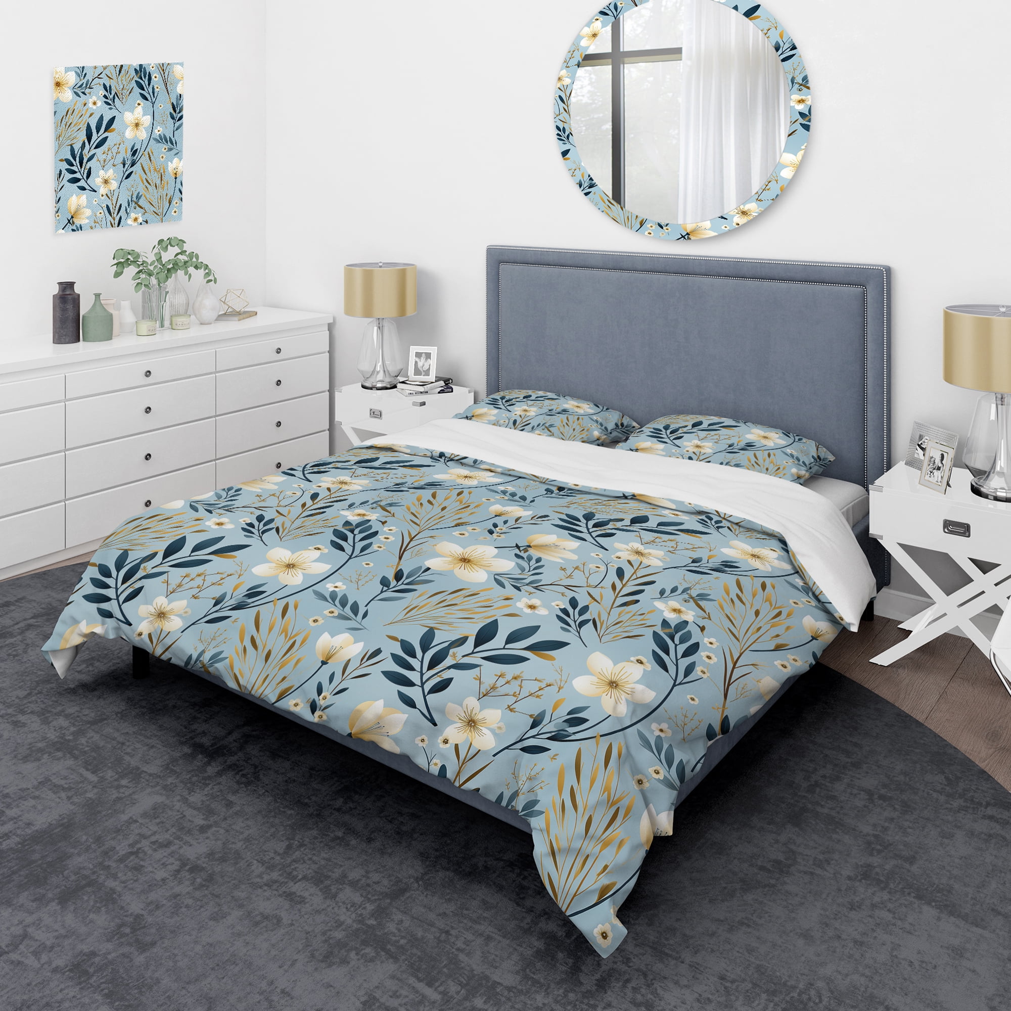 Designart "Azure Blossom Harmony Floral Design" Blue Floral Bedding ...