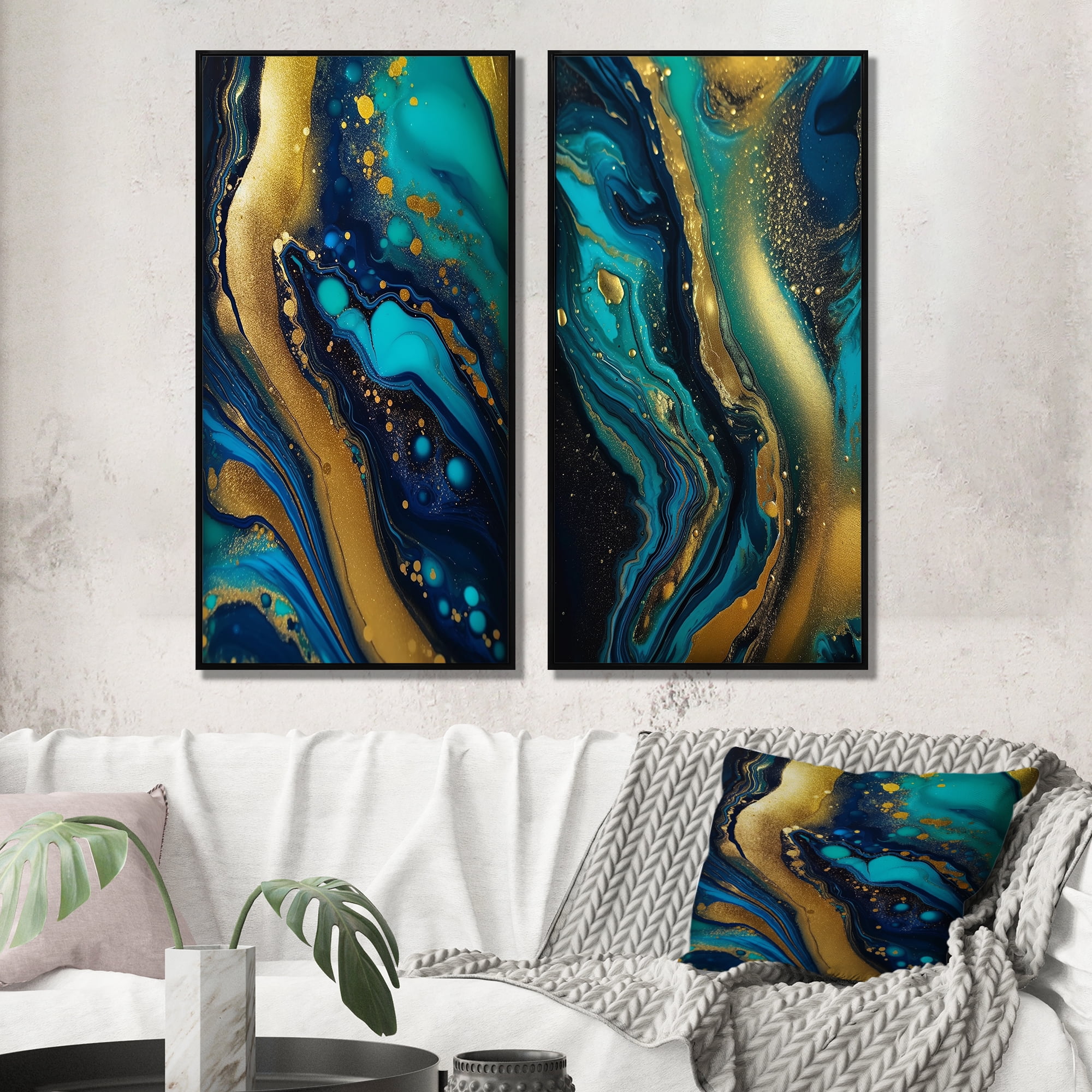 Designart "Azure Dreamscapes Gold and Turquoise Marble II" Abstract Painting Framed Wall Art Set ...