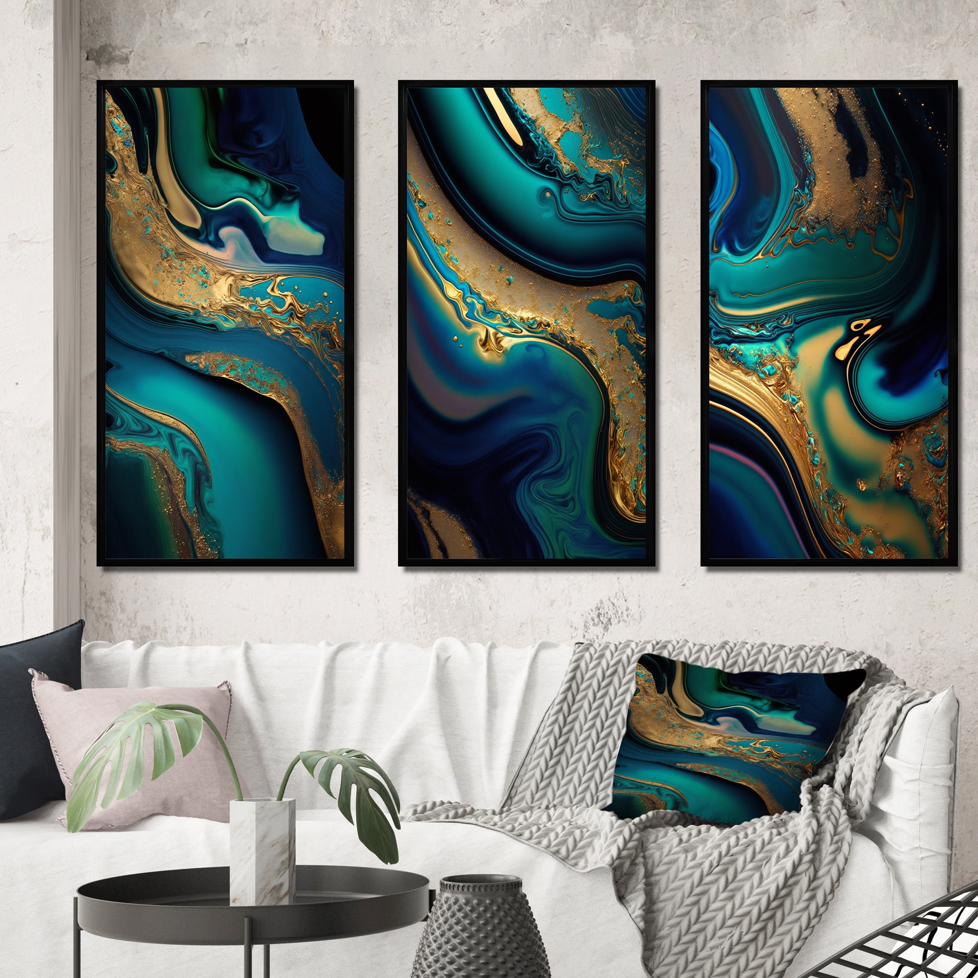 Designart "Azure Dreamscapes Gold and Turquoise Marble V" Abstract ...
