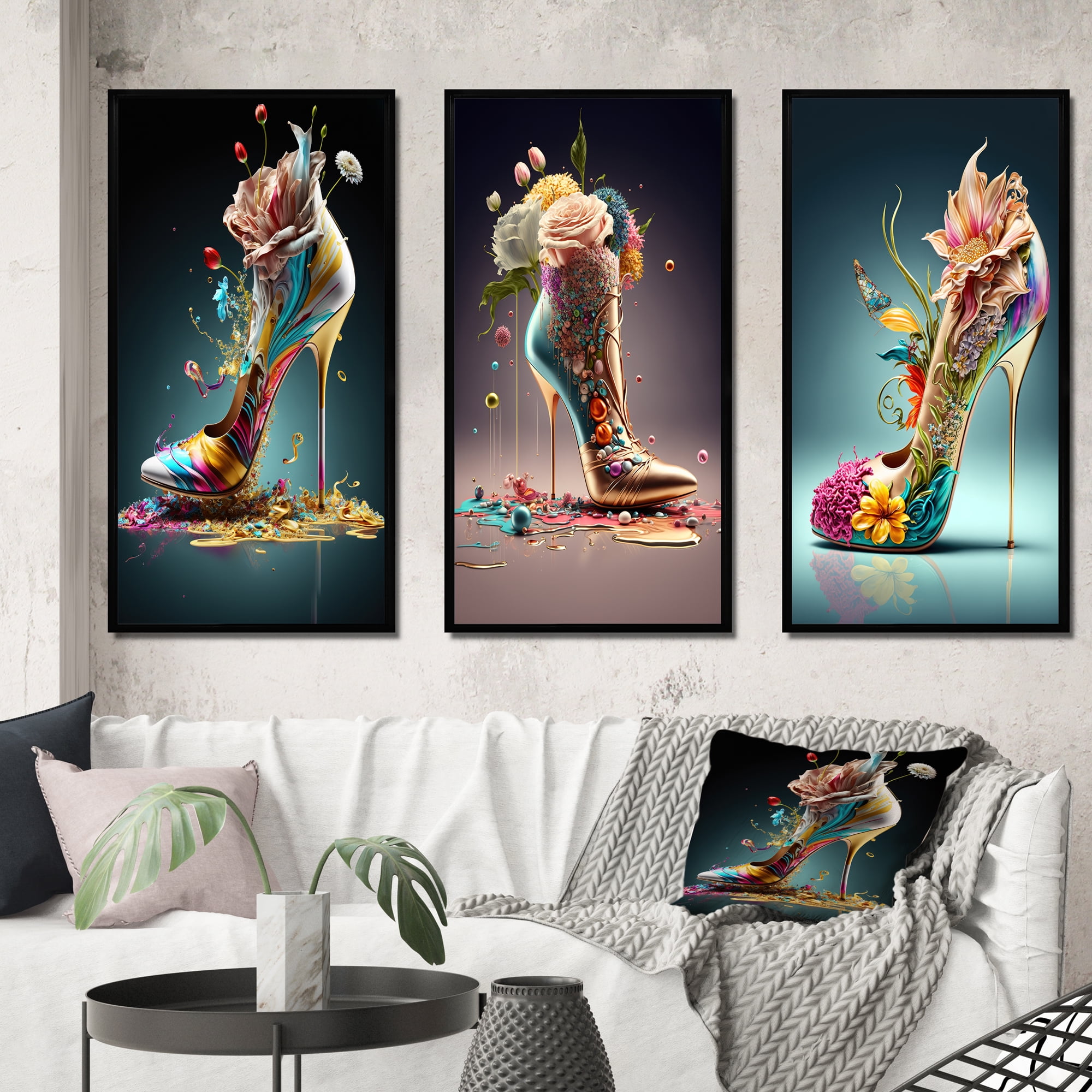 Designart "Azure Floral Stilettos II" Fashion Framed Wall Art Set Of 3 ...