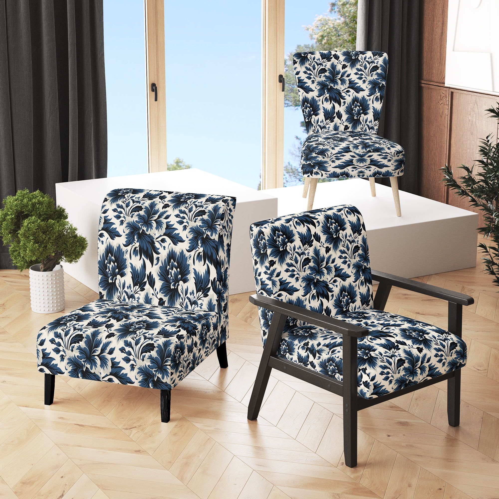 Designart "Azure Harmony Damask I" Gray Damask Upholstered Accent Chair ...