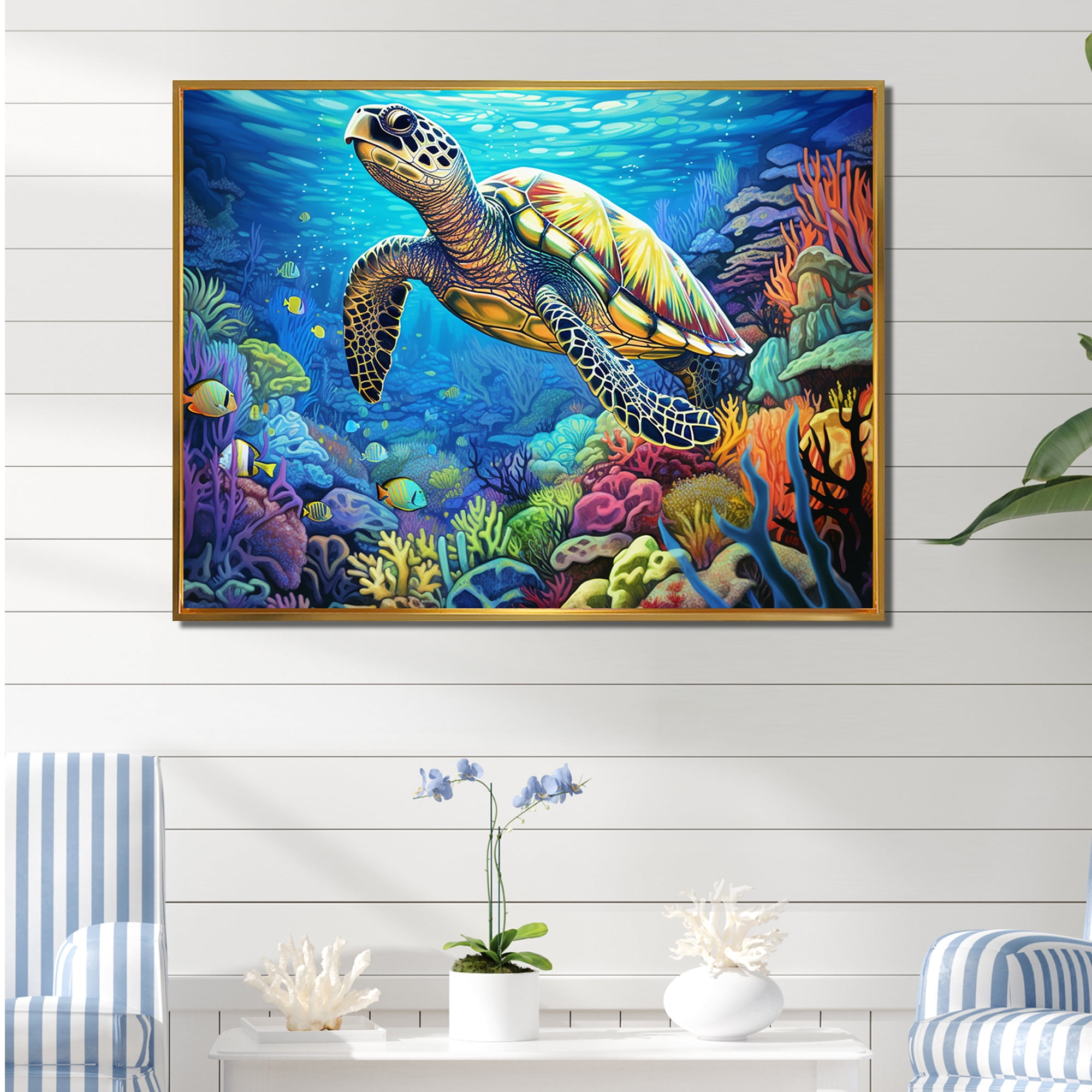 Designart "Azure Realm Of Sea Turtles" Coastal Coral Under Water ...
