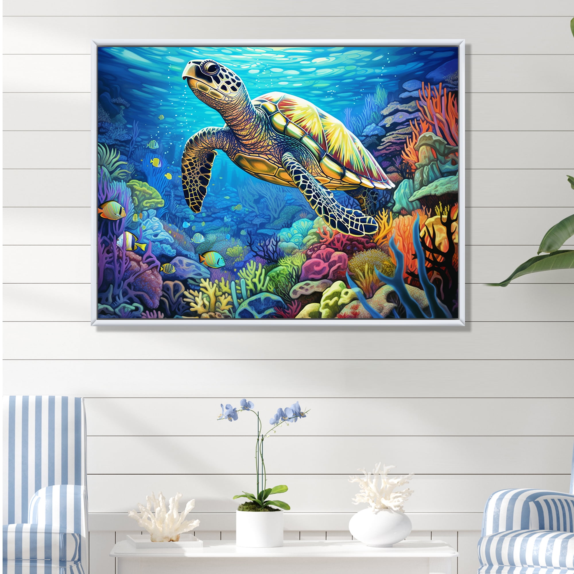 Designart "Azure Realm Of Sea Turtles" Coastal Coral Under Water ...