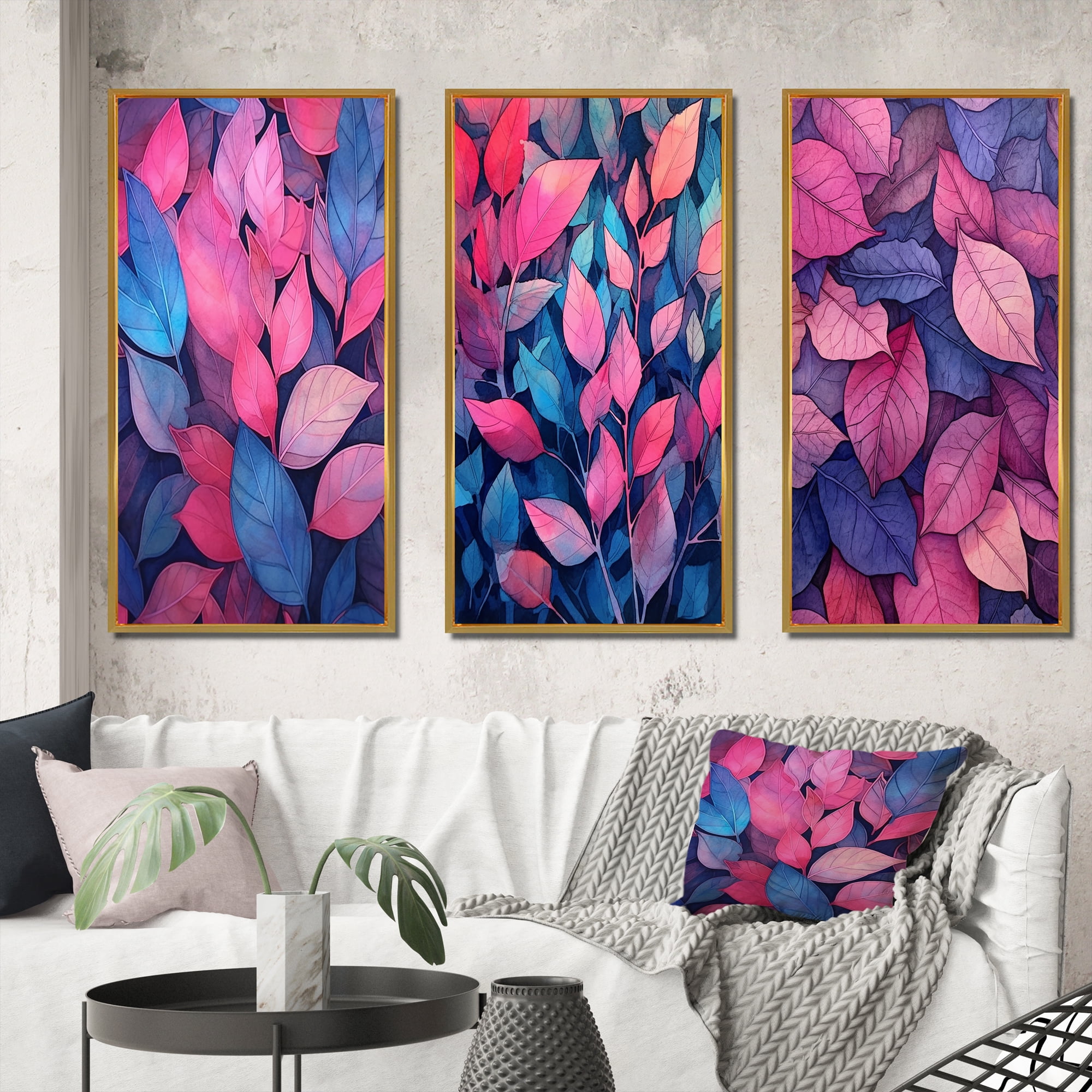 Designart "Azure Rosy Foliage Blend III" Floral Framed Wall Art Set Of ...