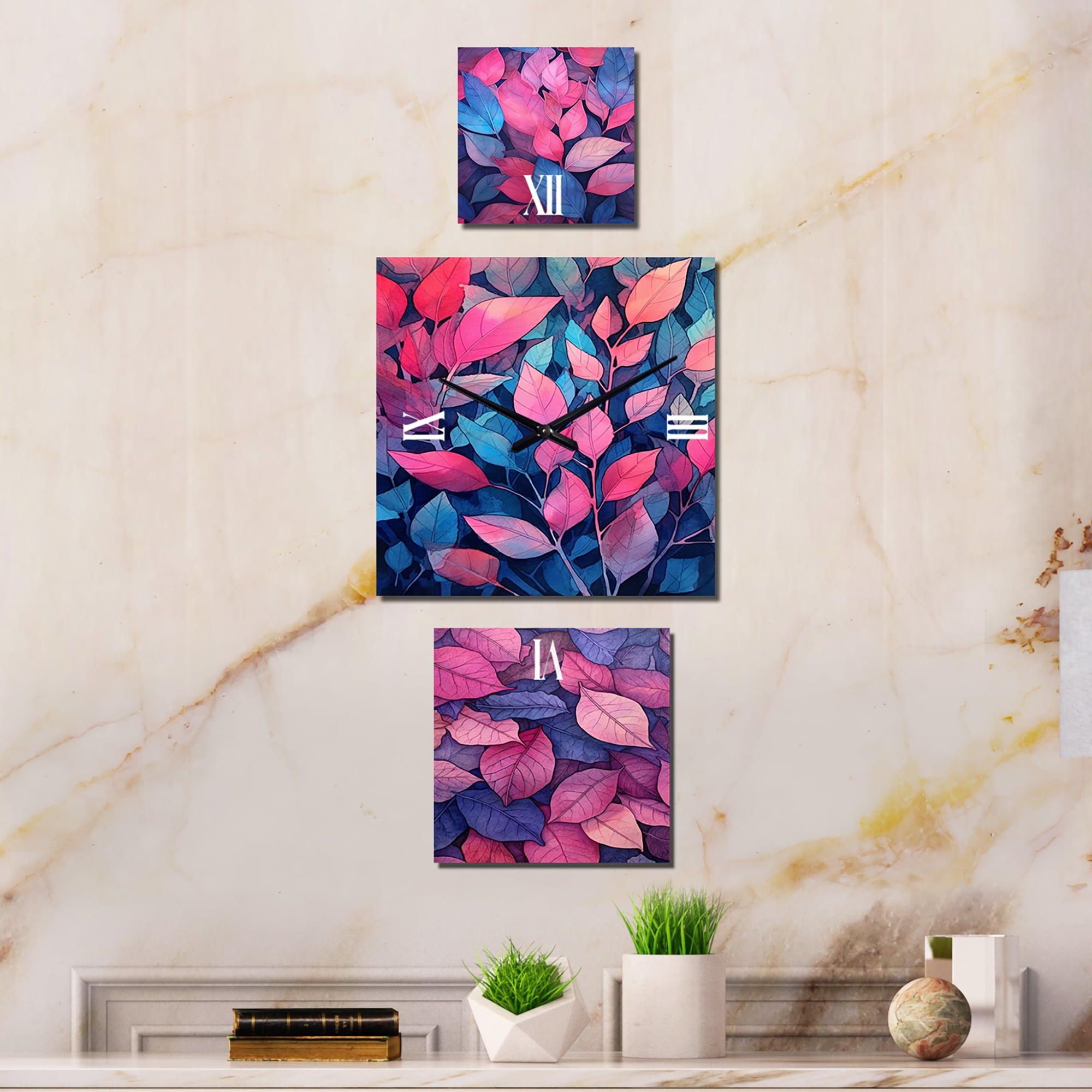 Designart "Azure Rosy Foliage Blend III" Floral Multipanel Clock For ...
