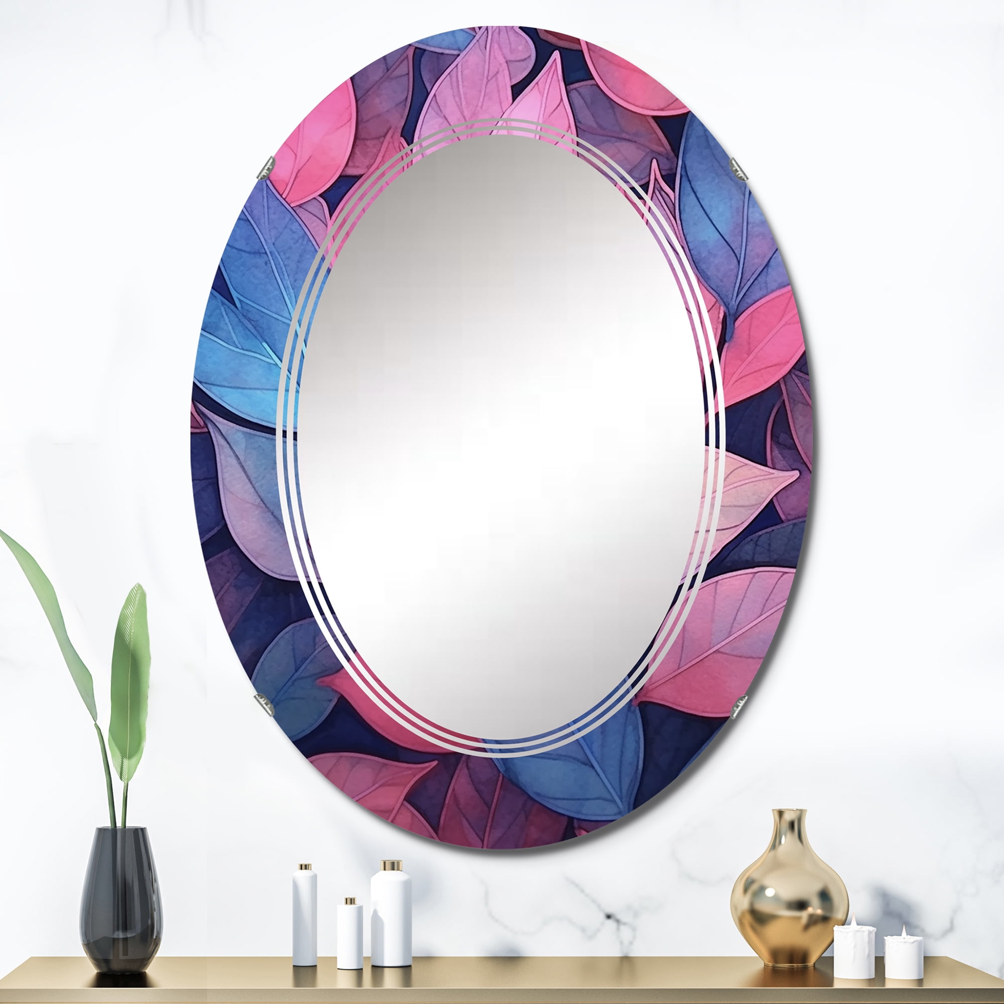 Designart "Azure Rosy Foliage Blend III" Floral Round Wall Mirror ...