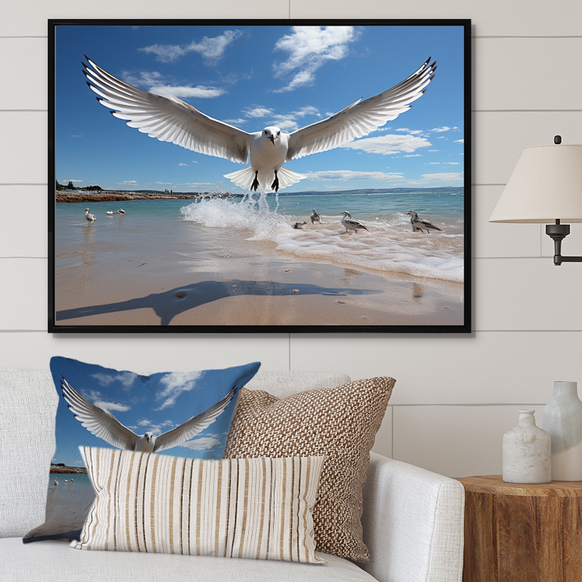 Designart "Azure Skies Beach Birds" Animals Floater Framed Wall Art ...