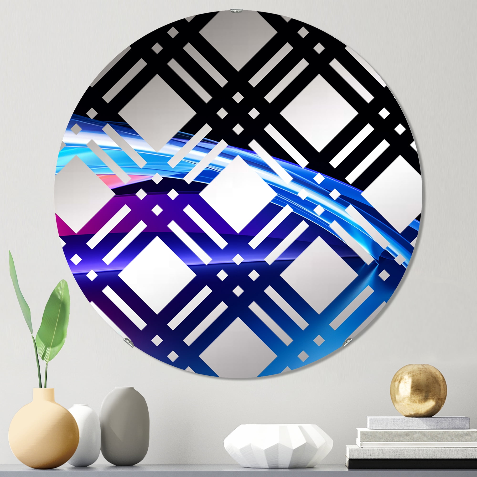 Designart "Azure Spectrum Beat" Rainbow Plaid Round Wall Mirror ...