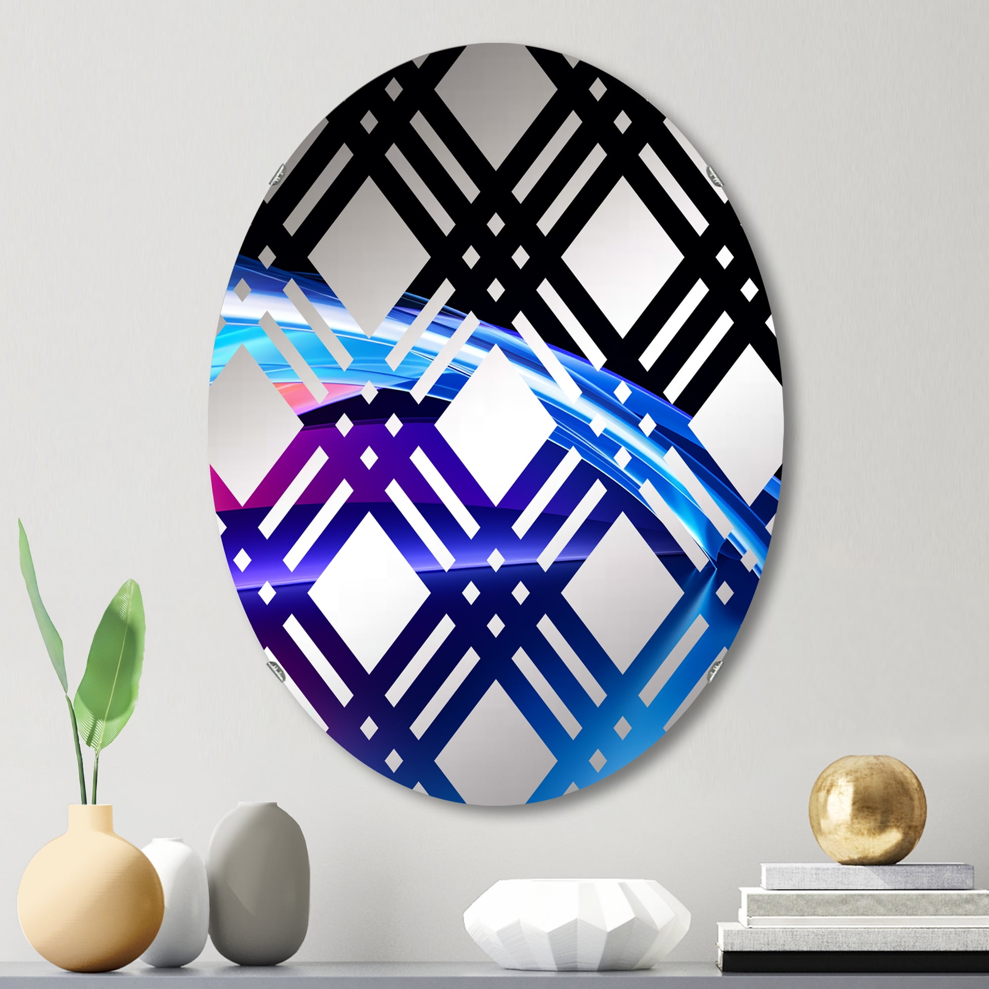 Designart "Azure Spectrum Beat" Rainbow Plaid Round Wall Mirror ...