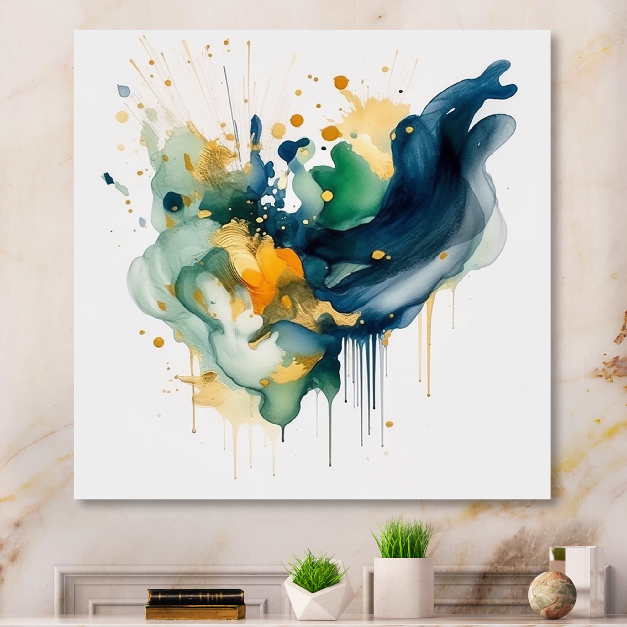 Designart "Azure, Teal, and Gold Brush IV" Fractals Metal Wall Decor ...