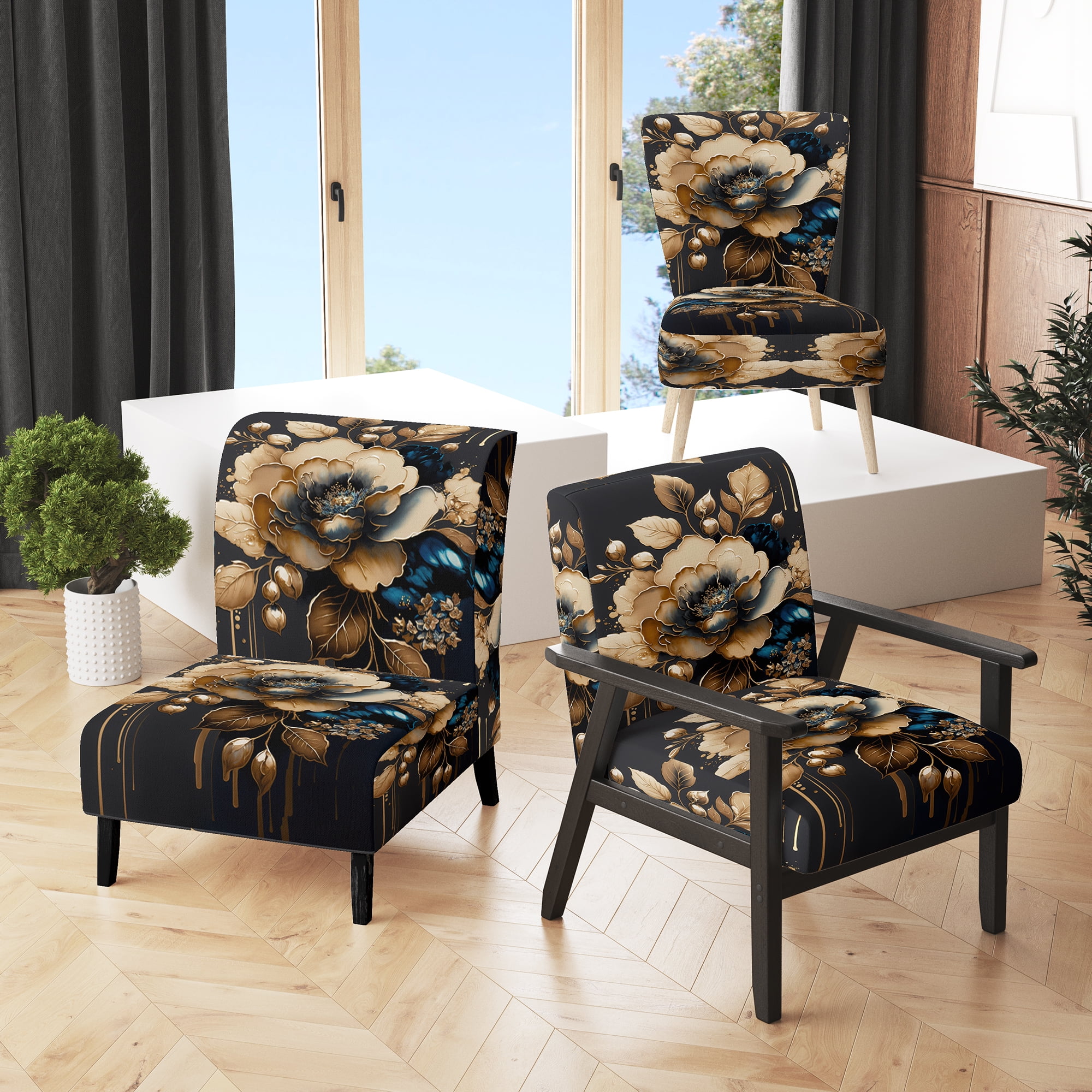 Designart "Azure and Gilded Camellia I" Gold Floral & Botanical ...