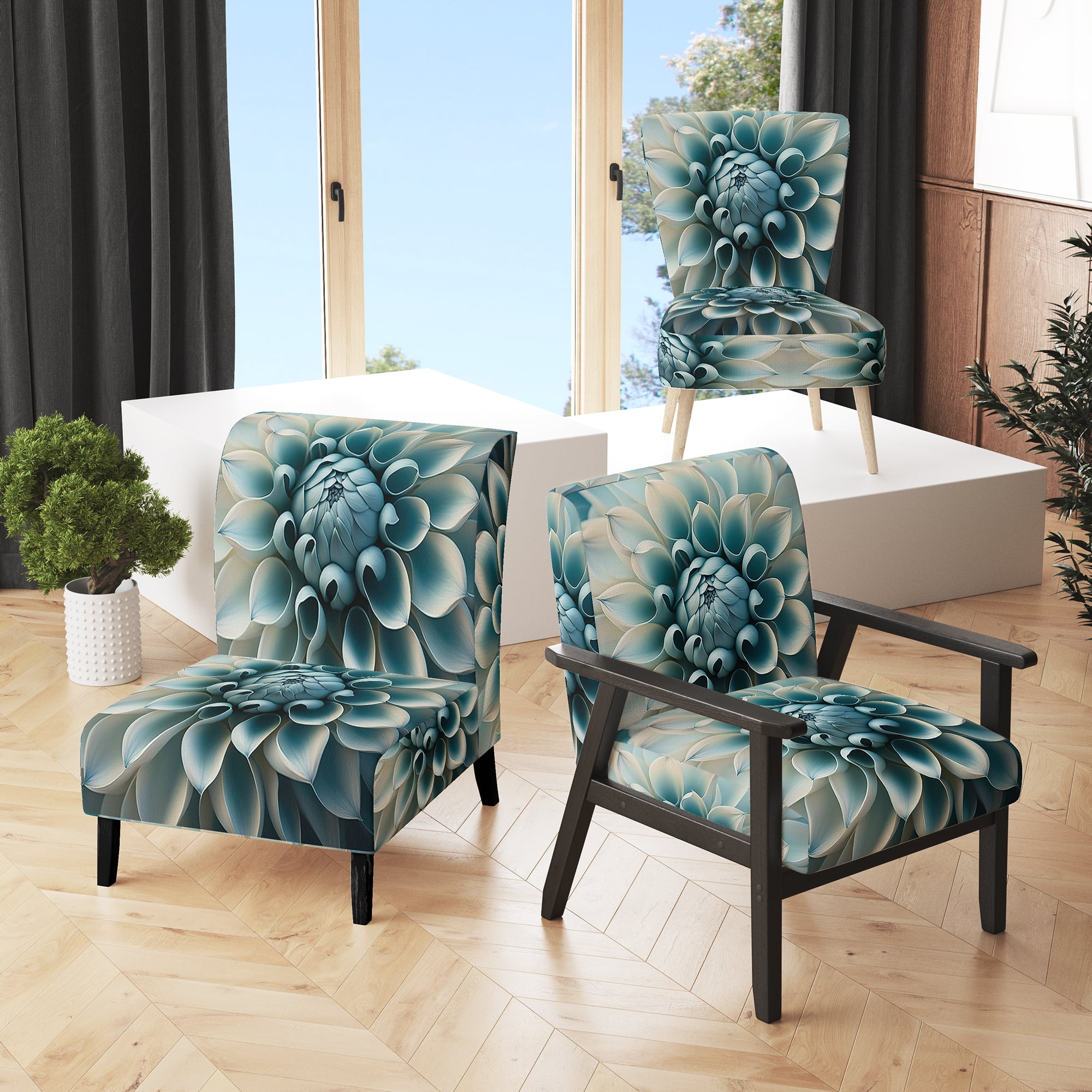 Designart "Azure and Snow Dahlia Duo I" Blue Dahlia Upholstered Accent ...