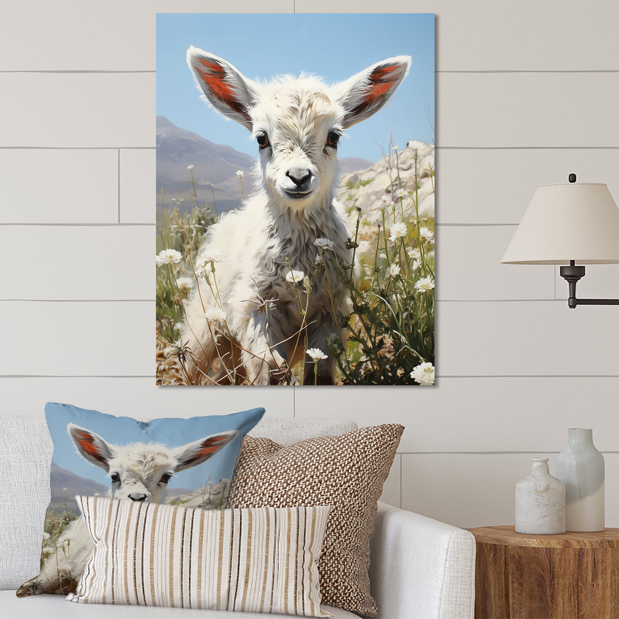 Designart "Baby white goat Peaks In White and Green"Goat Animal Metal ...