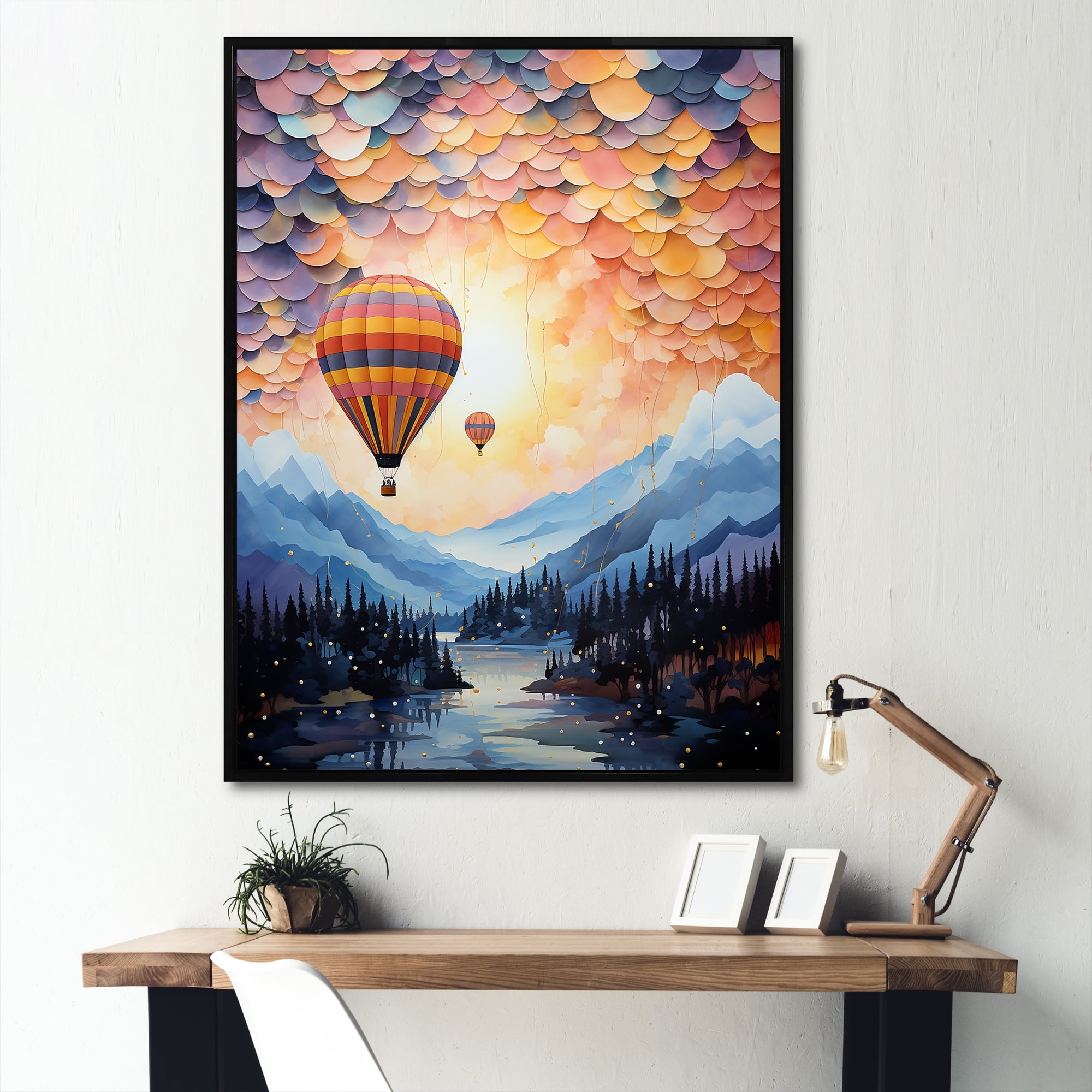 Designart "Balloon Flight With Mountain View I" Hot Air Balloon Floater ...