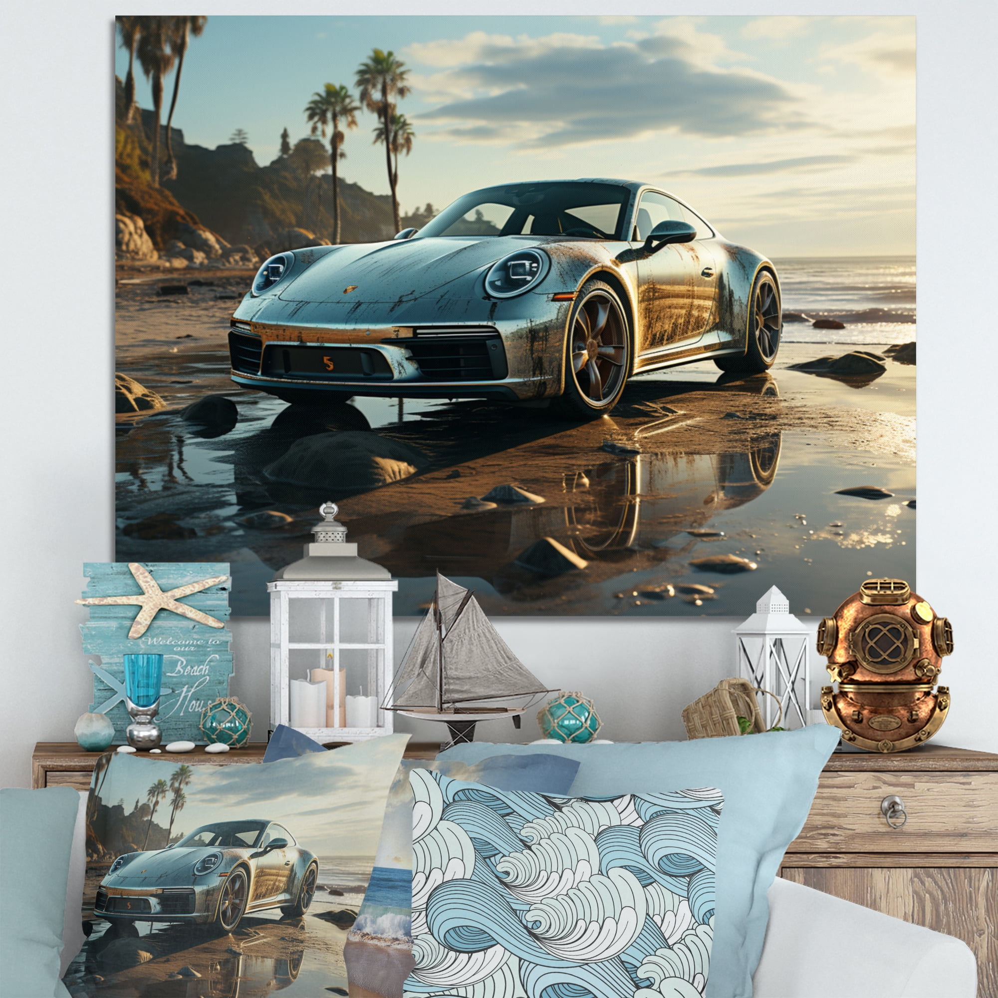 Designart "Beach Phtotography German Car art painting II" Nautical ...