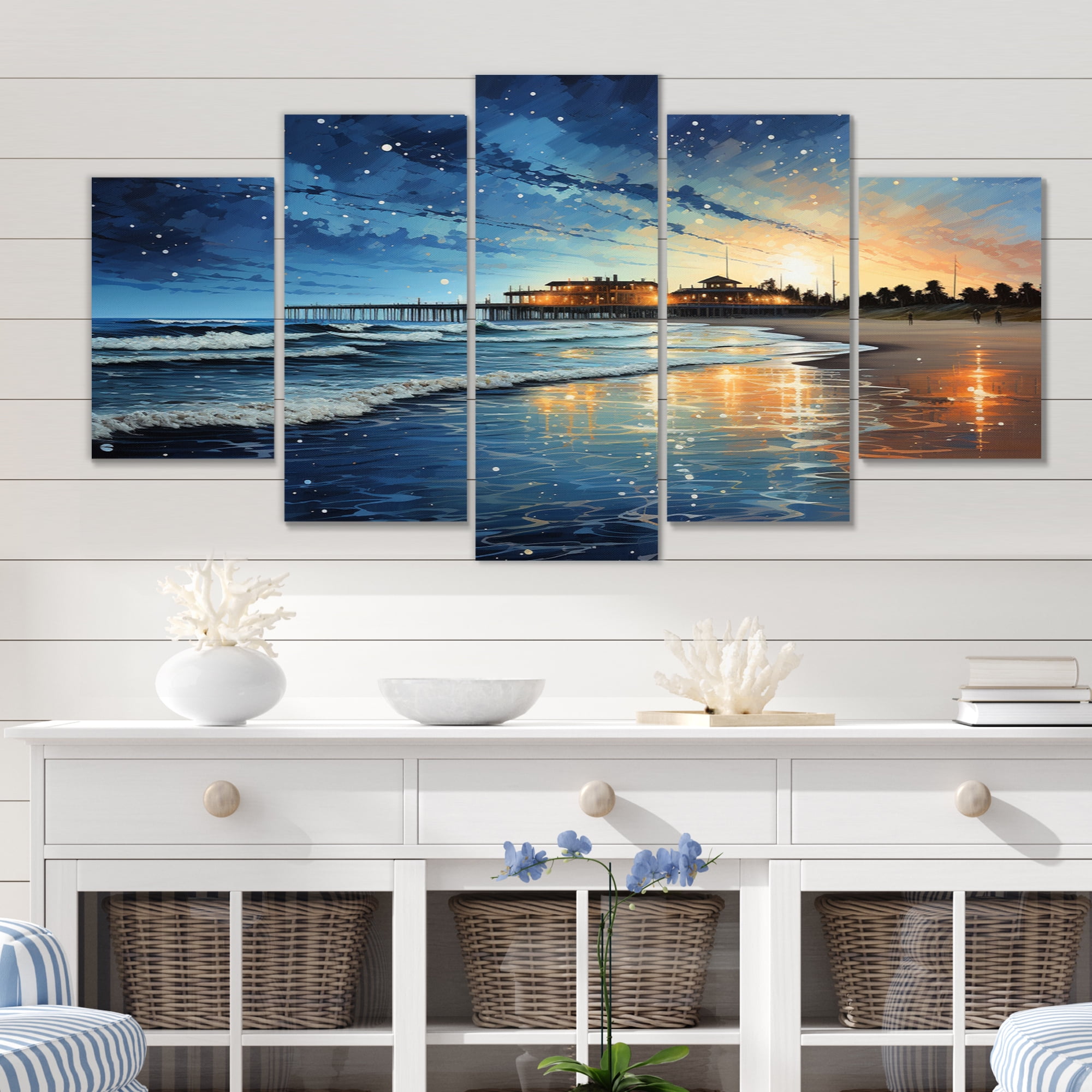 Designart "Beach Pier Reflections Painting I" Landscapes Metal Wall ...