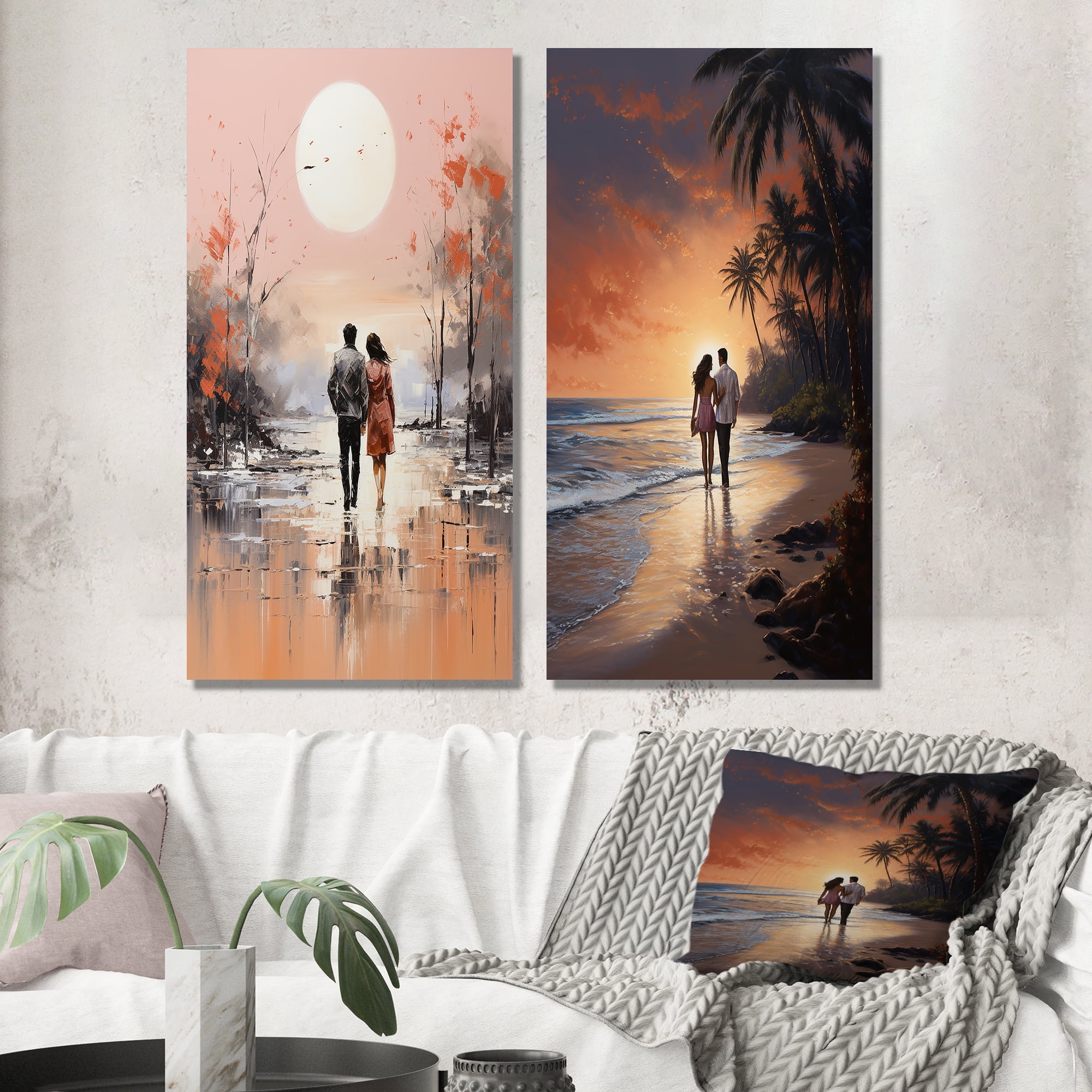 Designart "Beach Stroll for a Couple" Romantic Landscape Wall Art Set ...