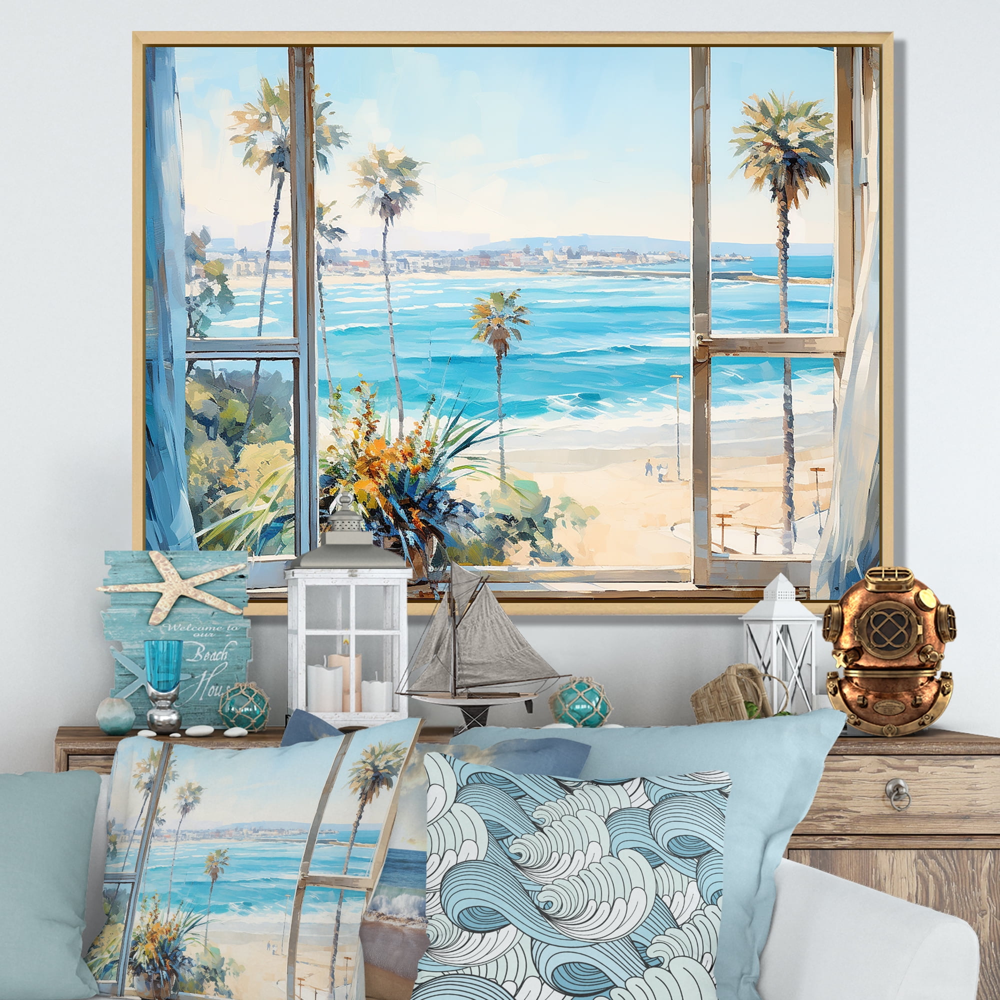 Designart "Beach View from Coastal Window IV" Coastal Framed Wall Art ...