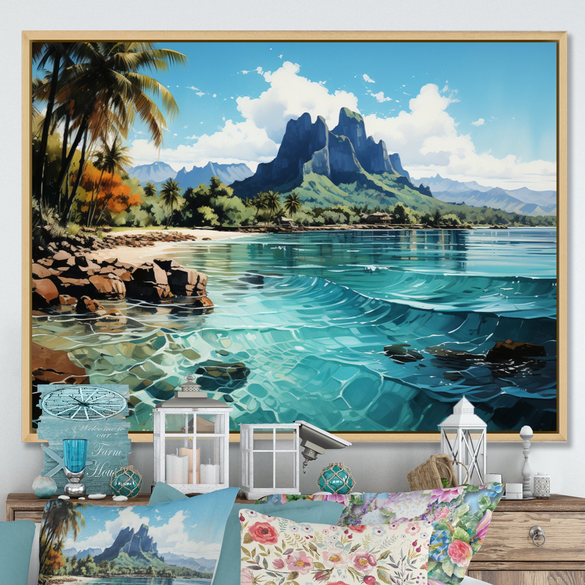 Designart "Beaches of Bora Bora III" Nautical & Beach Floater Framed ...