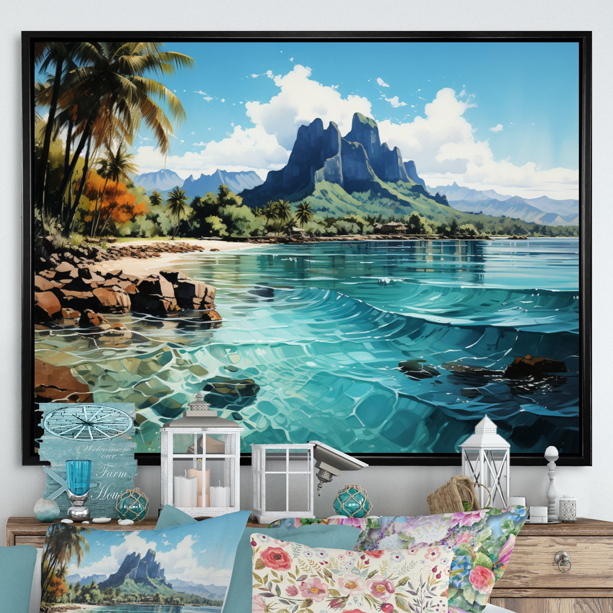 Designart "Beaches of Bora Bora III" Nautical & Beach Floater Framed ...