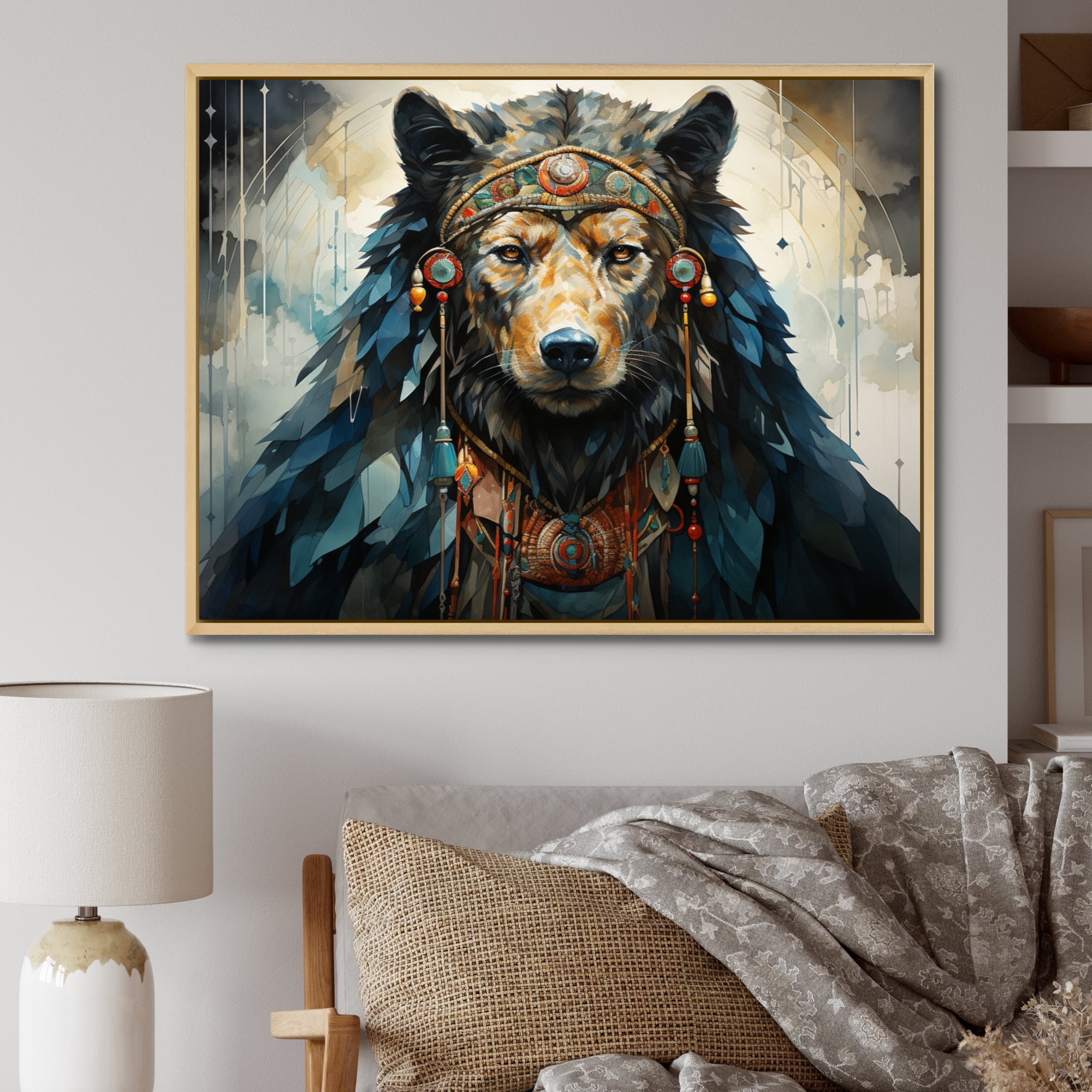 Designart "Bear Costume in Native Art" Native American Floater Framed ...