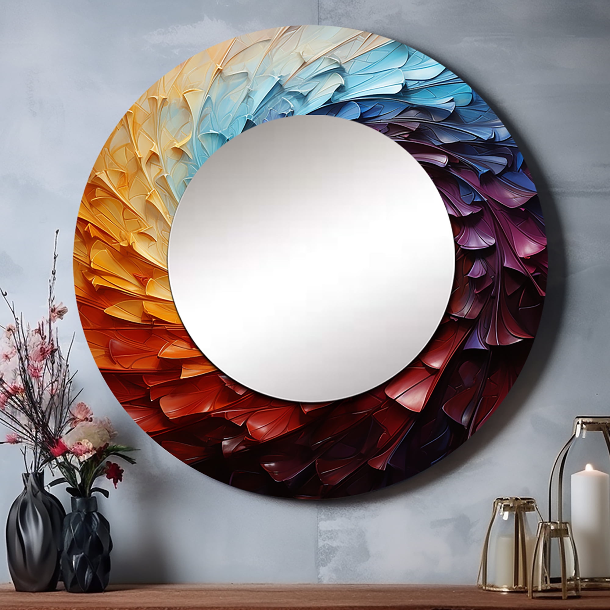 Designart "Beat of Rhythm I" Abstract Multi-Color Large Round Mirror ...