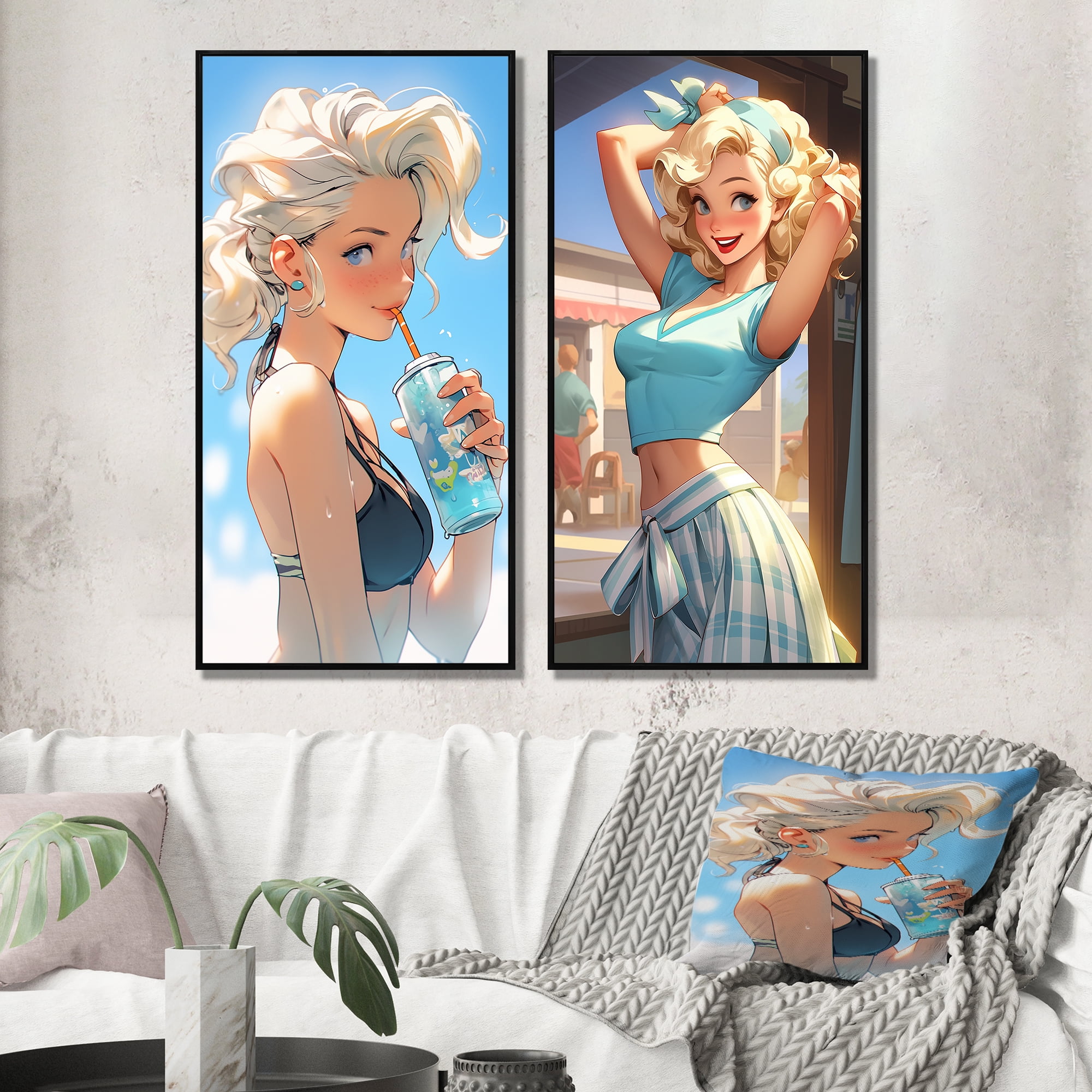 Designart "Beautiful Blonde Enjoys Beachfront I" Fashion Woman Framed Wall Art Set Of 2 - Glam ...