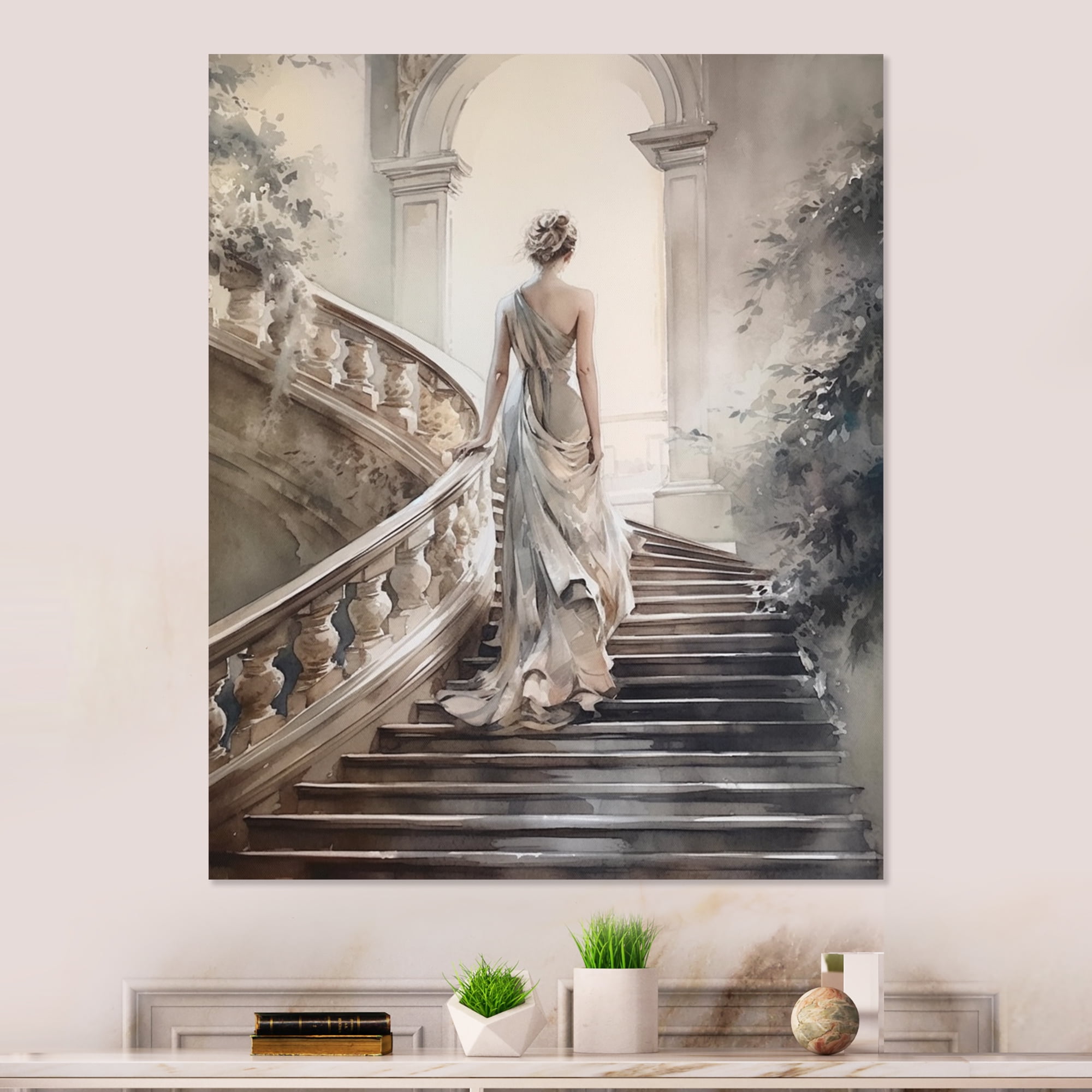 Designart "Beautiful Lady by the Stairs II" Woman Romantic Metal Wall ...