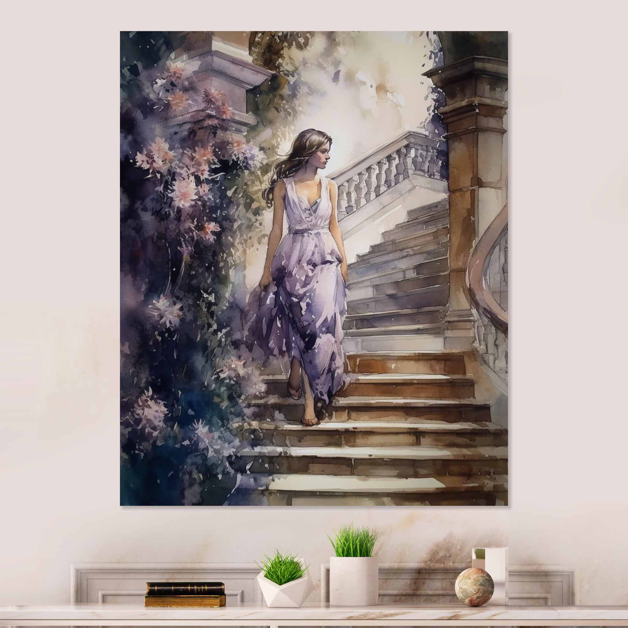 Designart "Beautiful Lady by the Stairs IV" Woman Romantic Metal Wall ...