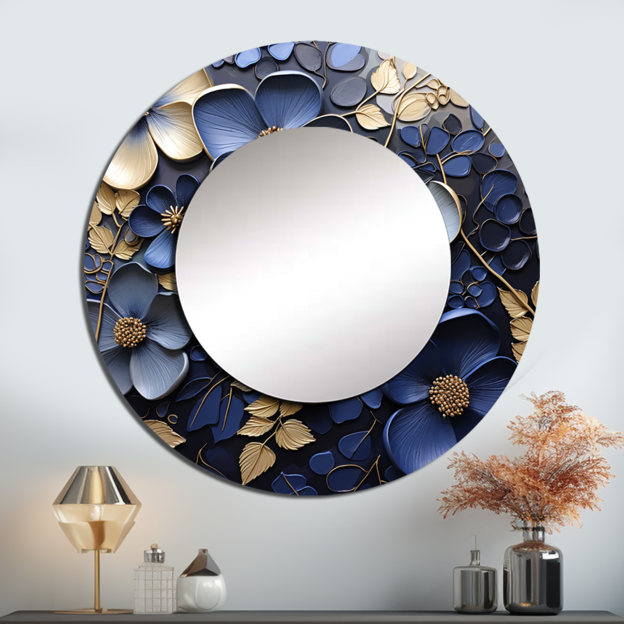 Designart "Beauty Of Adorned Blue And Gold Violets" Violets Rund Mirror ...