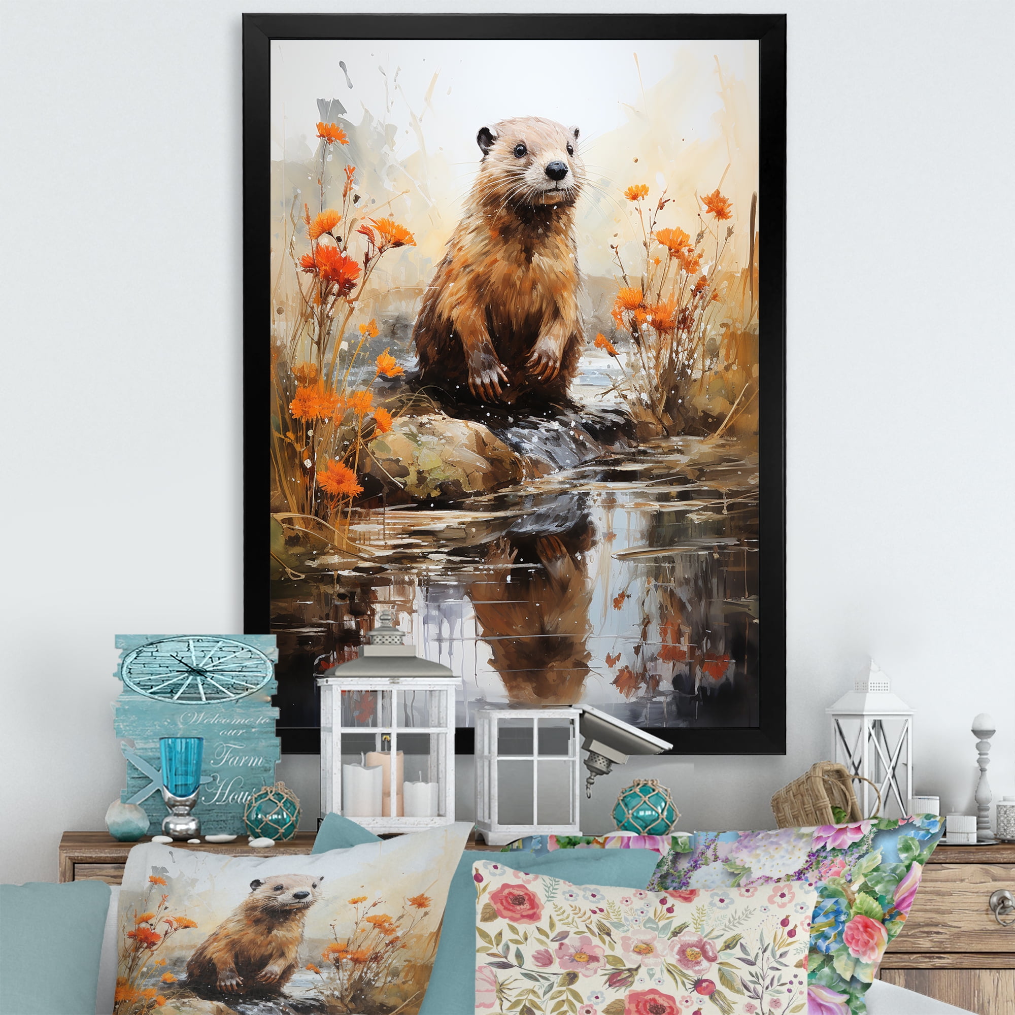 Designart "Beaver Pond Floral Reflections II" Animals Framed Wall Art ...