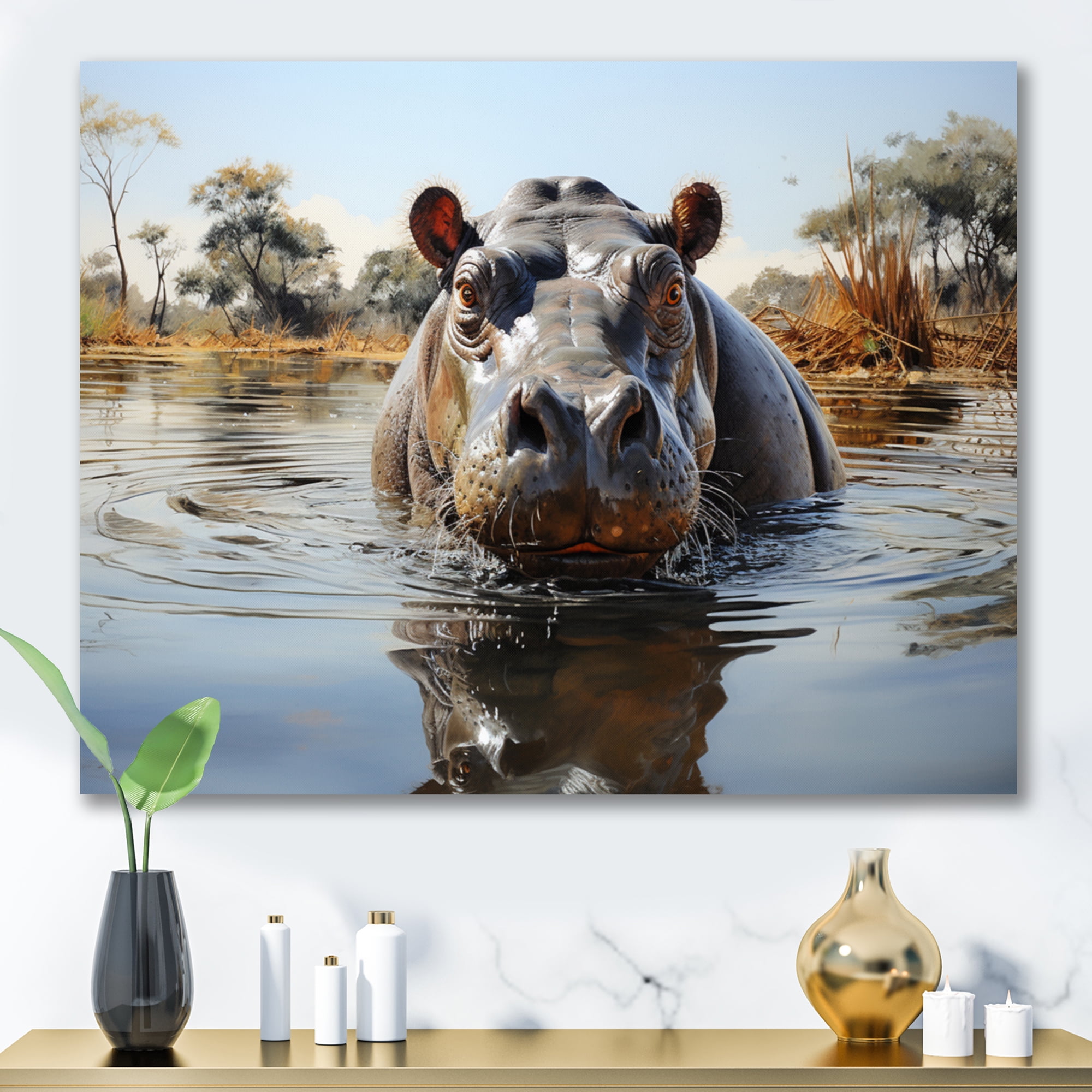Designart "Behemoth of the Rivers, the Hippopotamus" Animals Wall Art ...