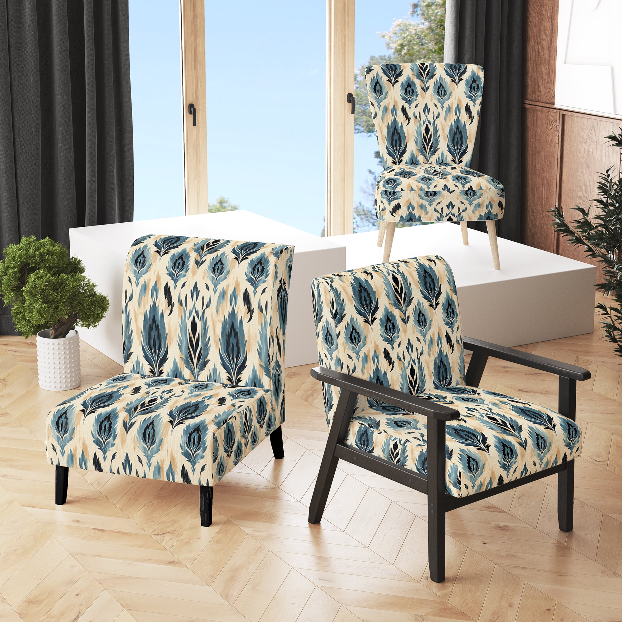 Designart "Beige And Blue Artisan Echoes" Blue Ikat Upholstered Accent ...
