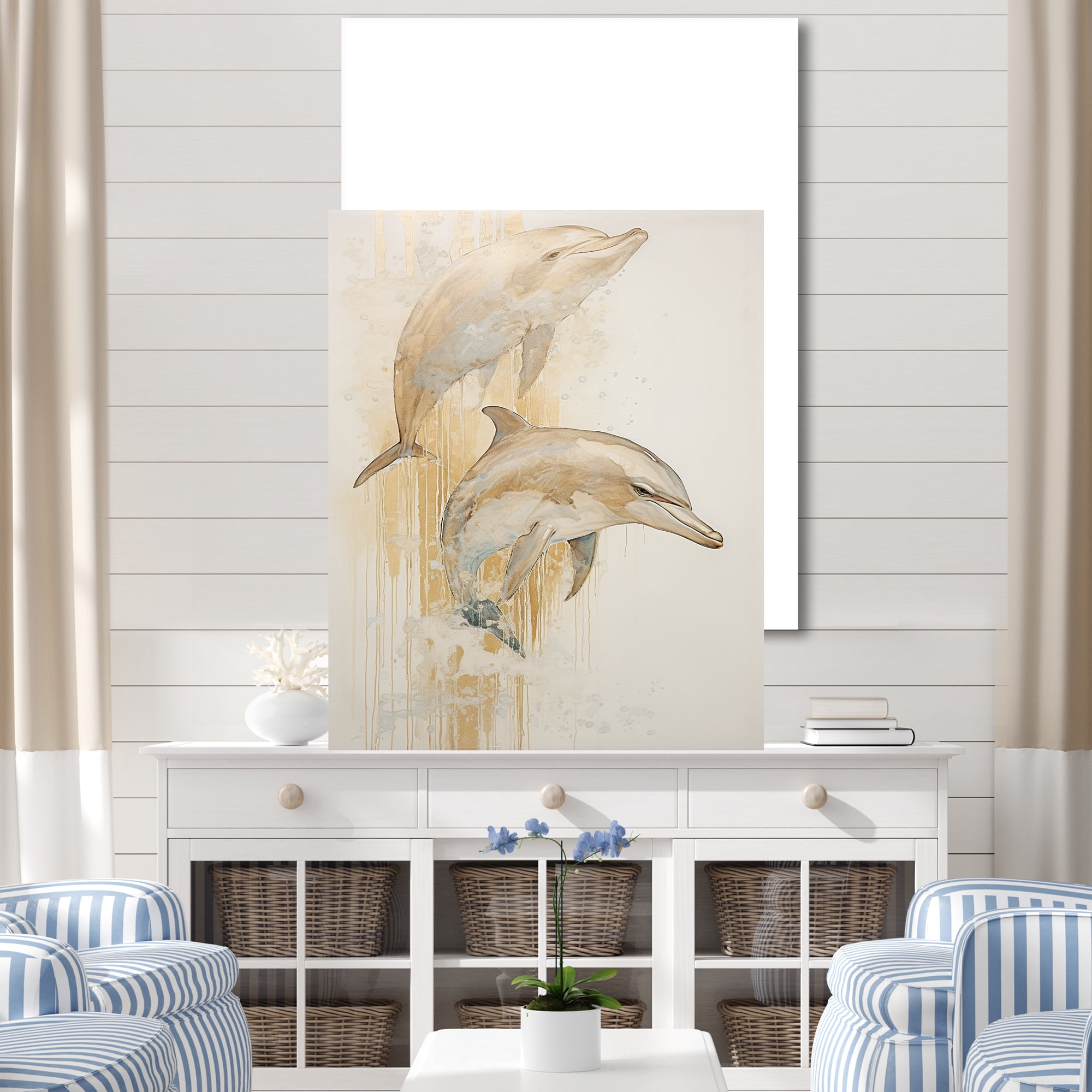 Designart "Beige And Gold Delightful Dolphins I" Animals Dolphin Wall ...
