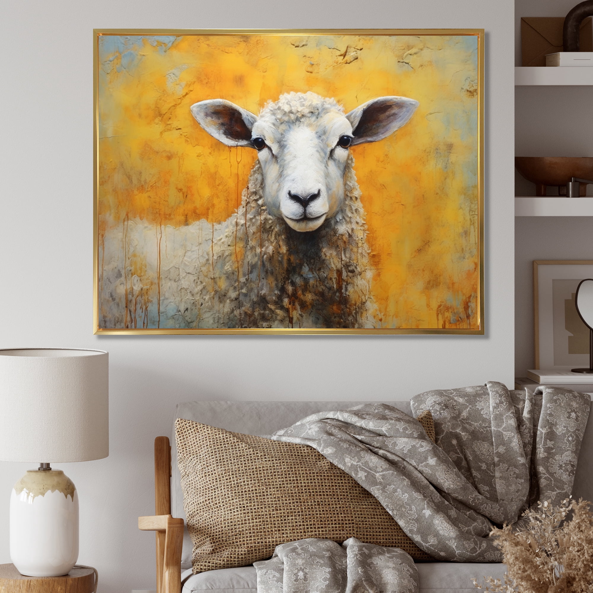 Designart "Beige Beauty Encaustic Yellow Sheep I" Animals Floater ...