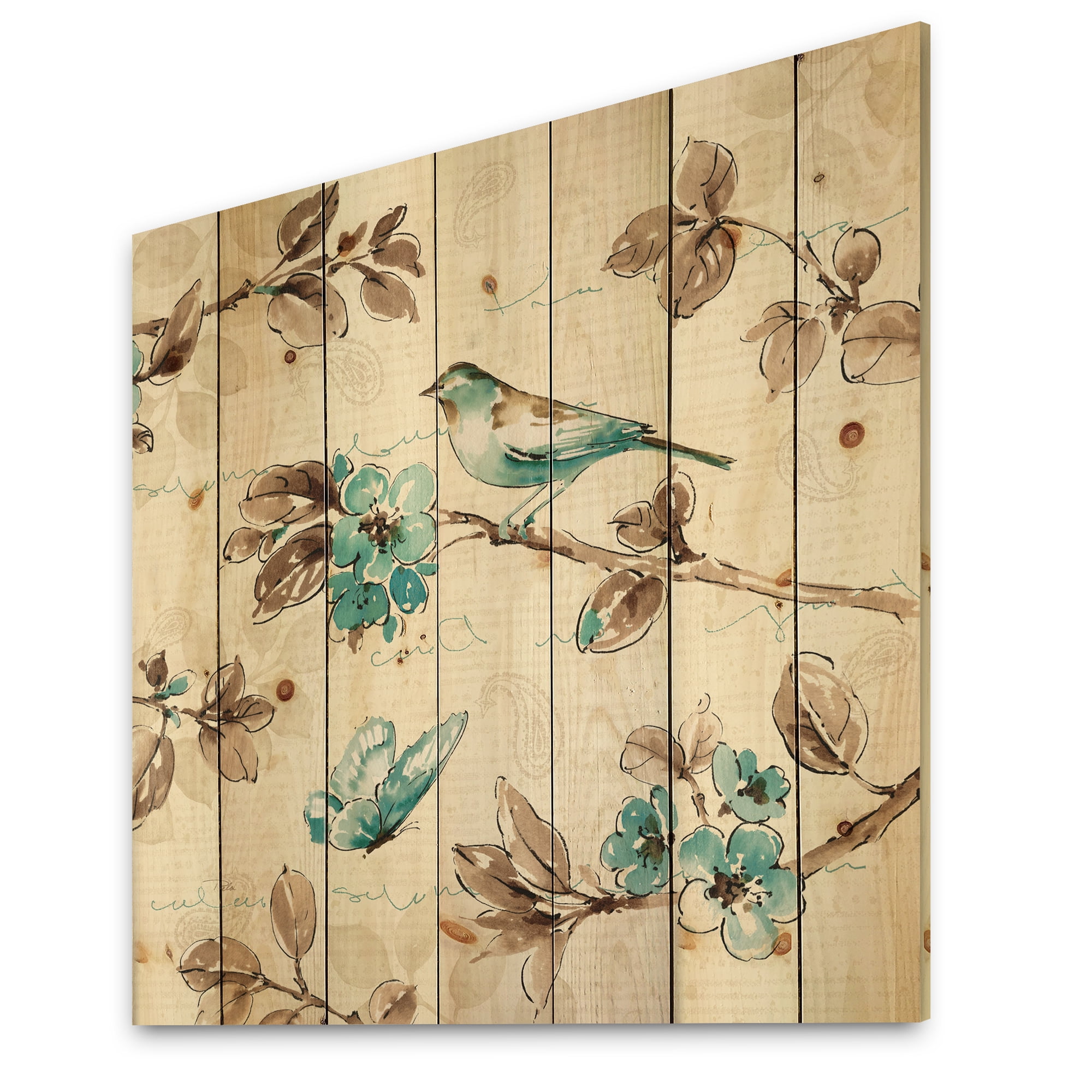 Designart 'Beige Bird Wings on Floral Branch' Cottage Print on Natural ...