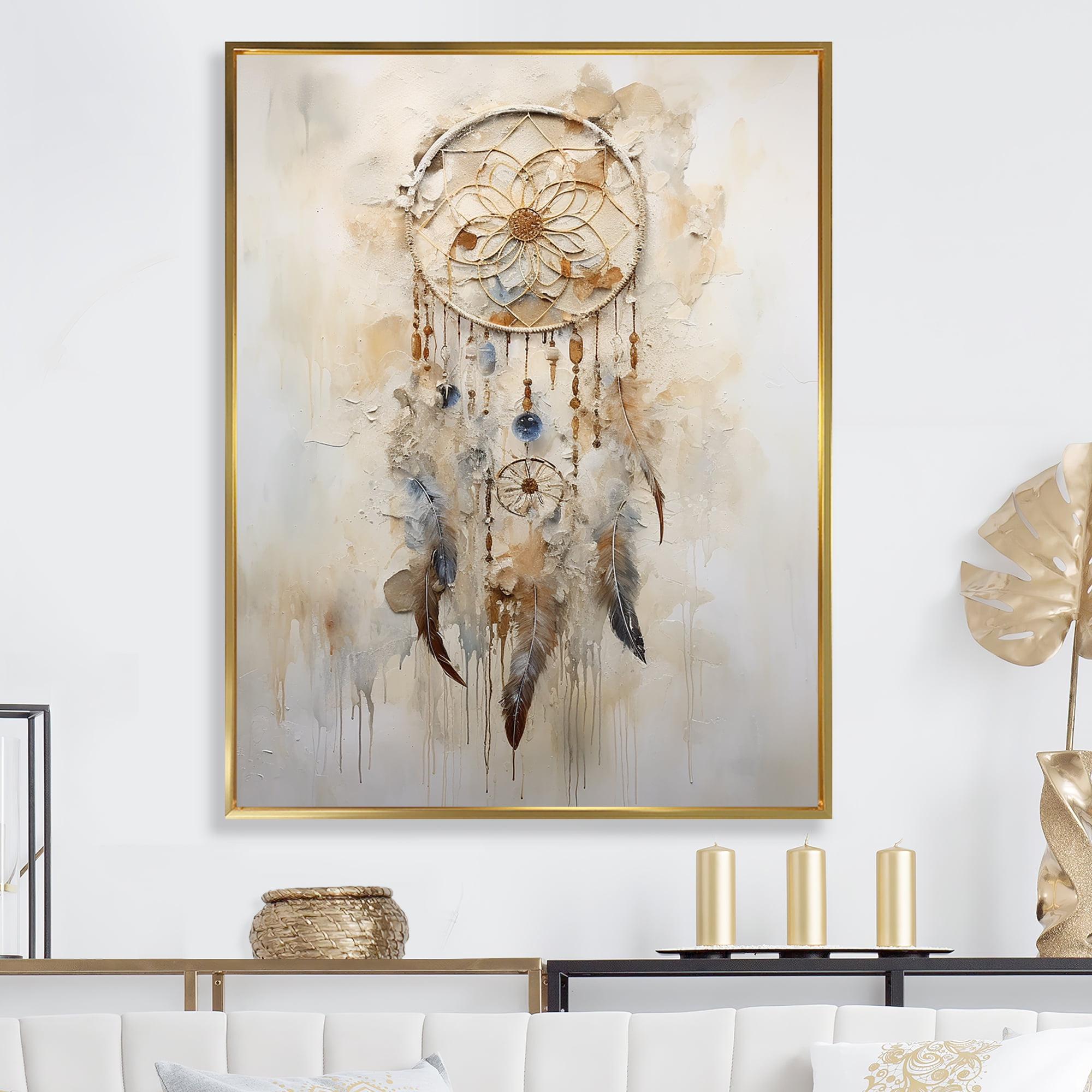 Designart "Beige Enchanted Dreamcatcher" Dream catcher Floater Framed ...