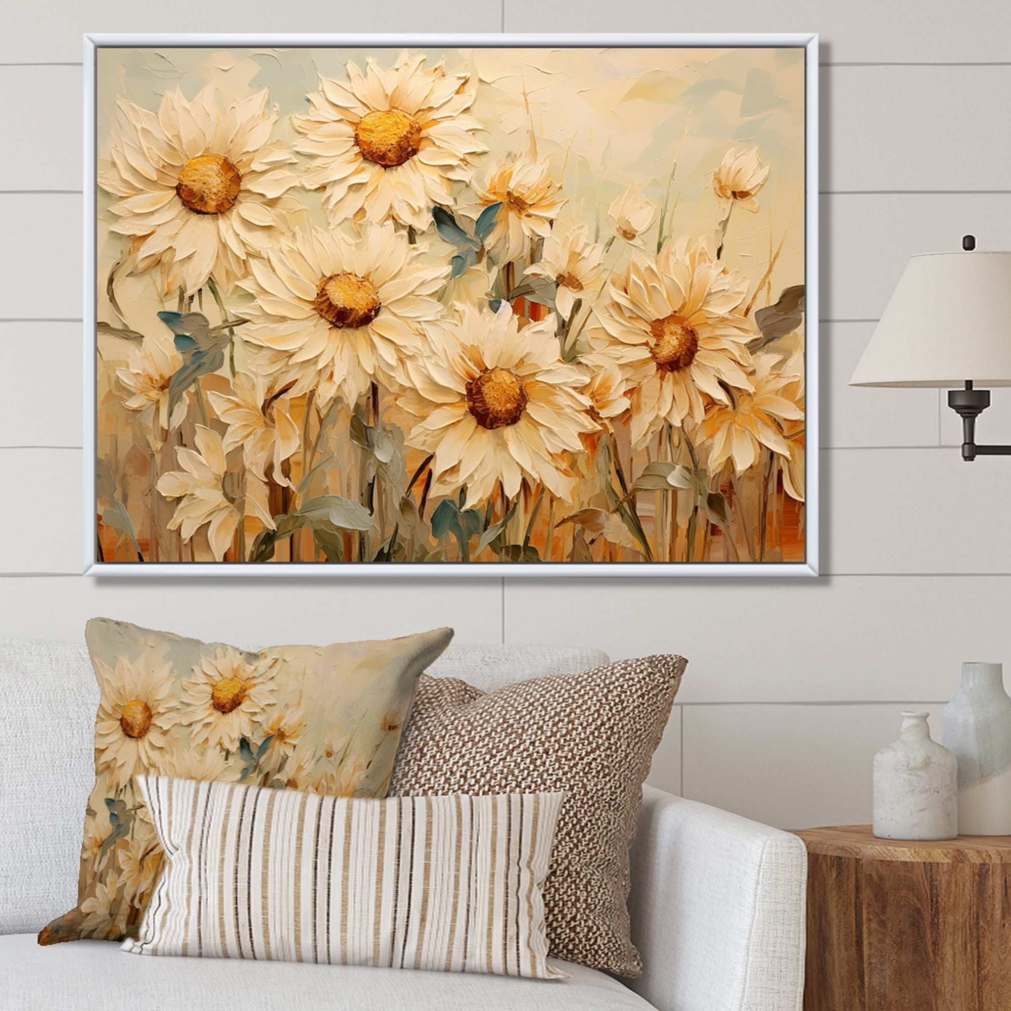 Designart "Beige Sunflower Bloom Minimalism I" Sunflowers Floater ...