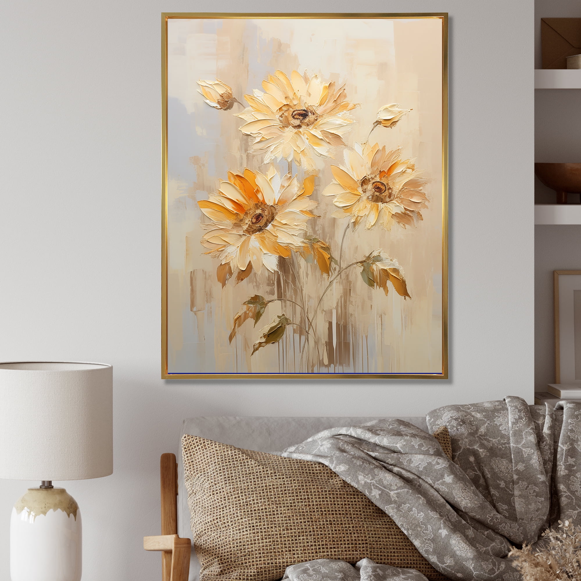 Designart "Beige Sunflower Bloom Minimalism III" Sunflowers Floater ...