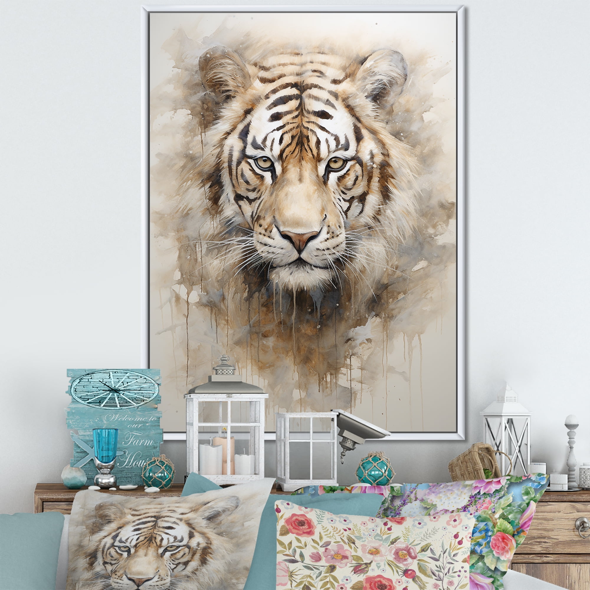 Designart "Beige Tiger In Minimalism I" Animals Tiger Floater Framed ...