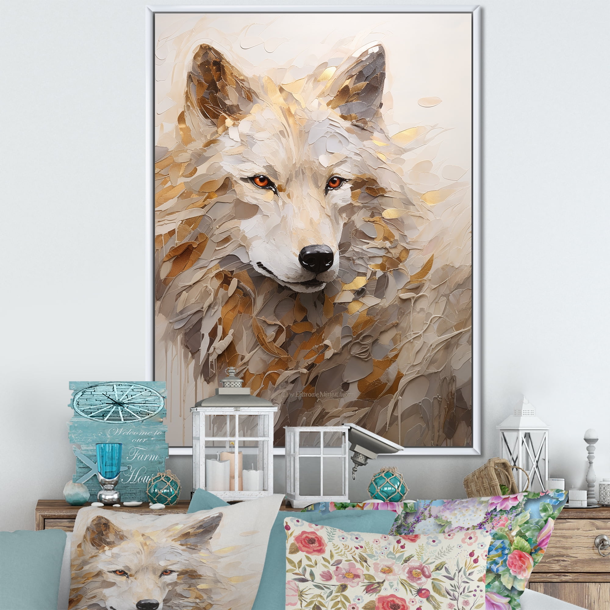 Designart "Beige Wolf'S Minimal Expression IV" Animals Wolf Floater ...