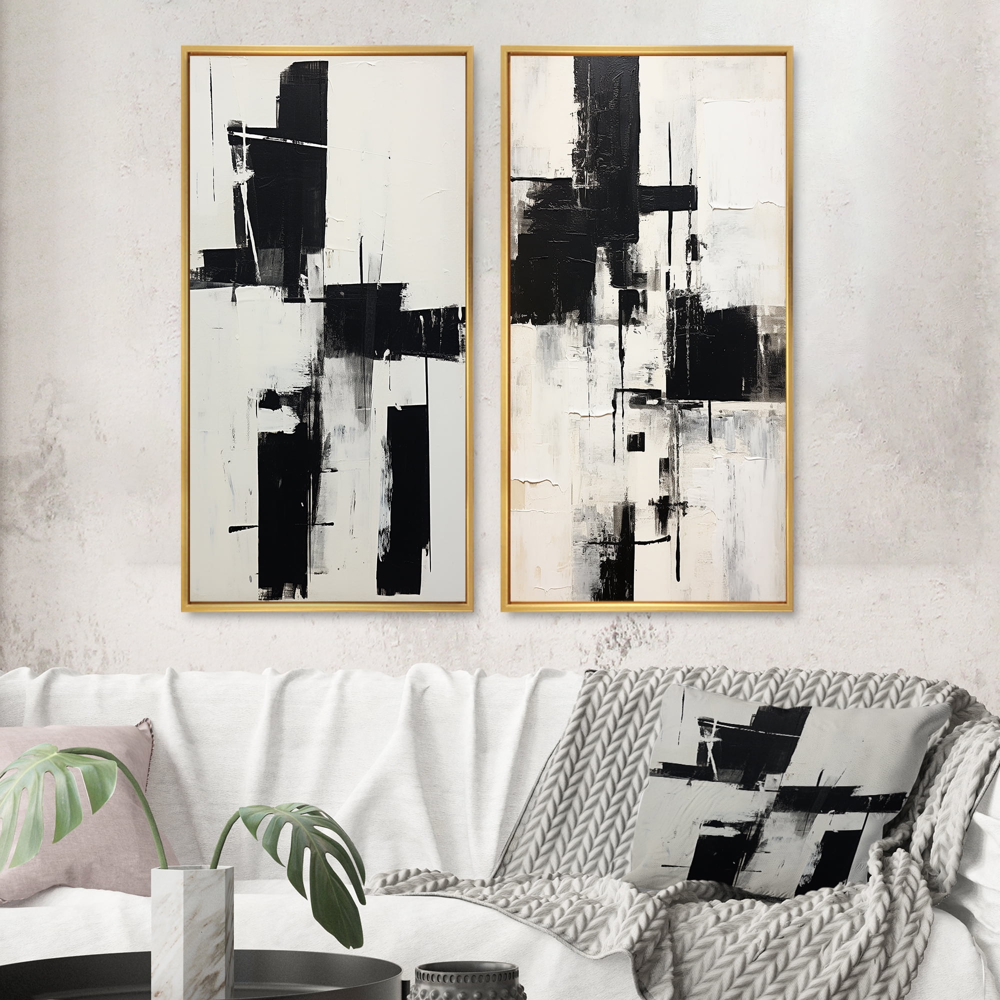 Designart "Beyond Boundaries Minimal Black and White Abstract II" Abstract Painting Framed Wall ...