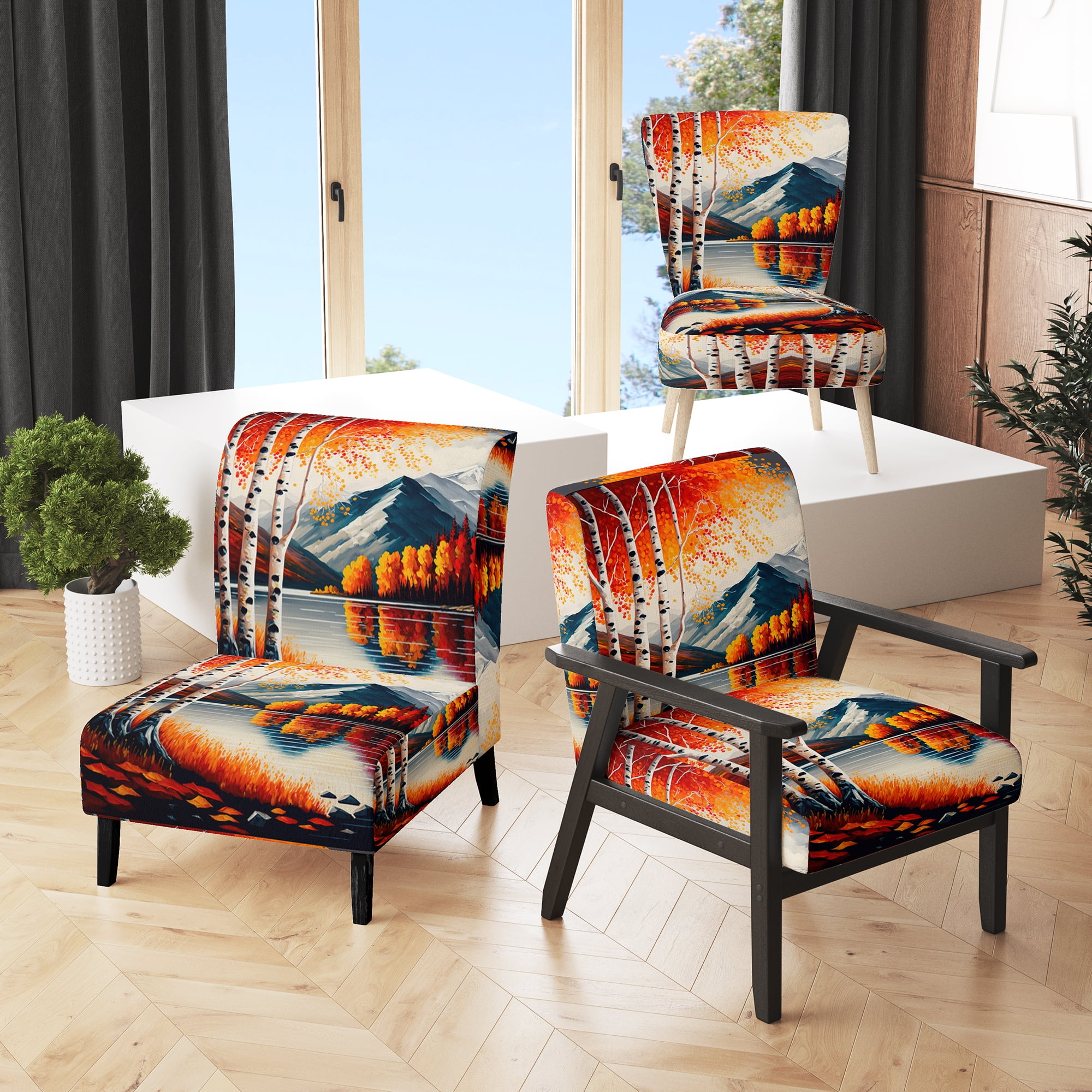 Designart "Birch Trees by the Lakeshore in Red and Orange VI" Red Lake ...