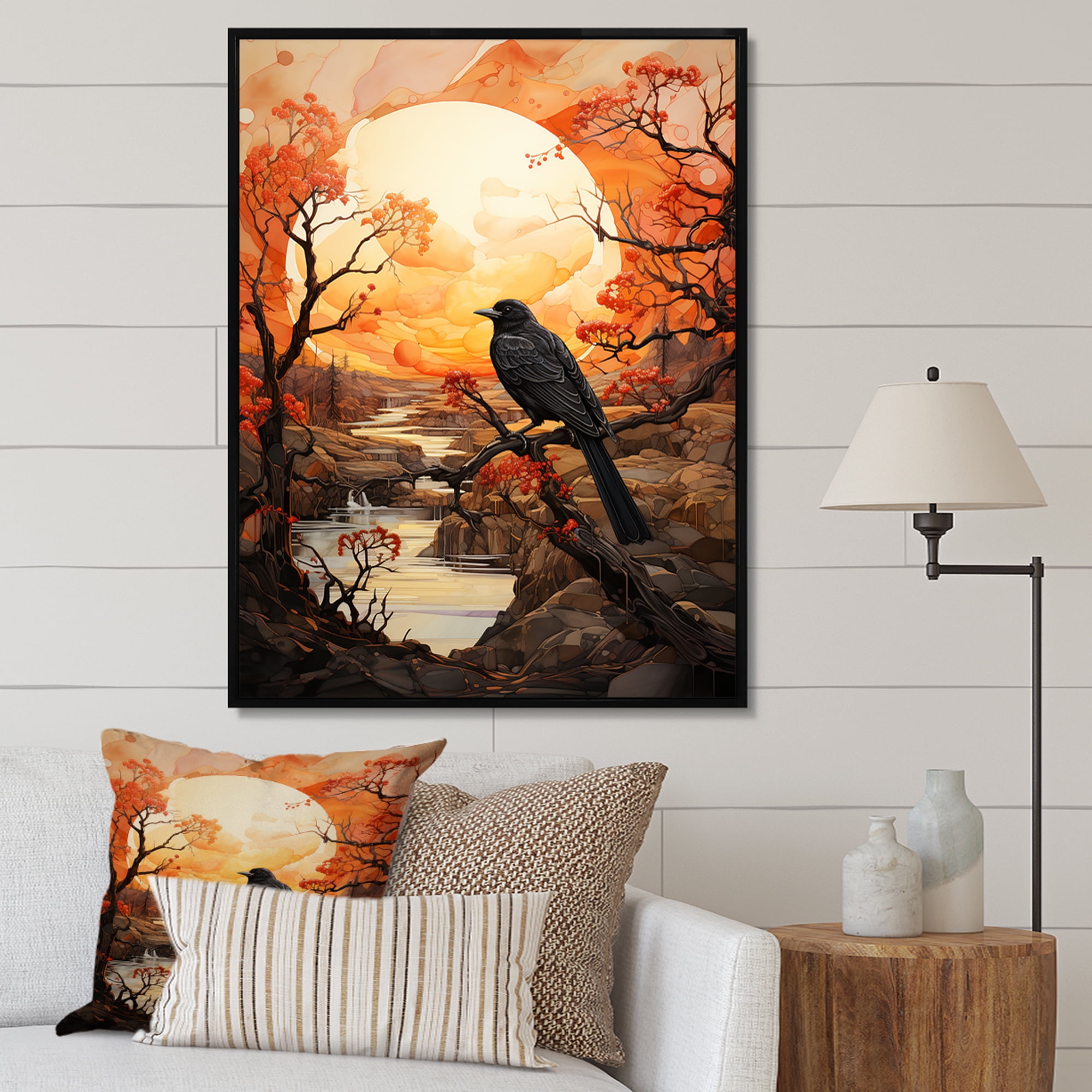 Designart "Bird Tree form Moon" Animals Floater Framed Wall Decor ...