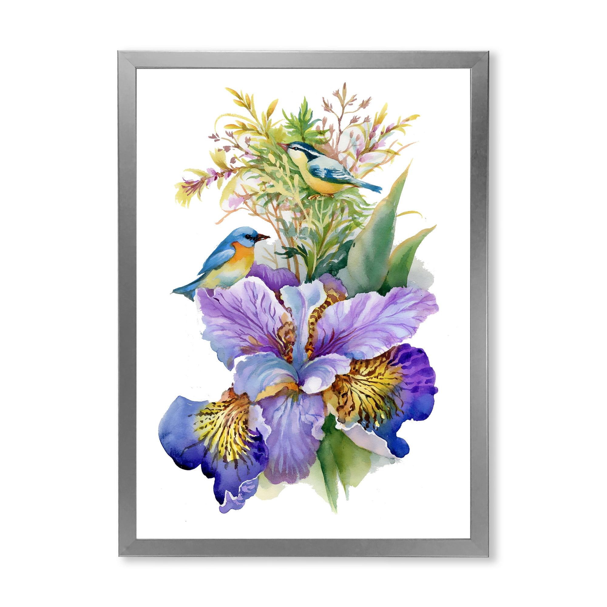 Designart 'Birds With Purple Iris' Traditional Framed Art Print ...