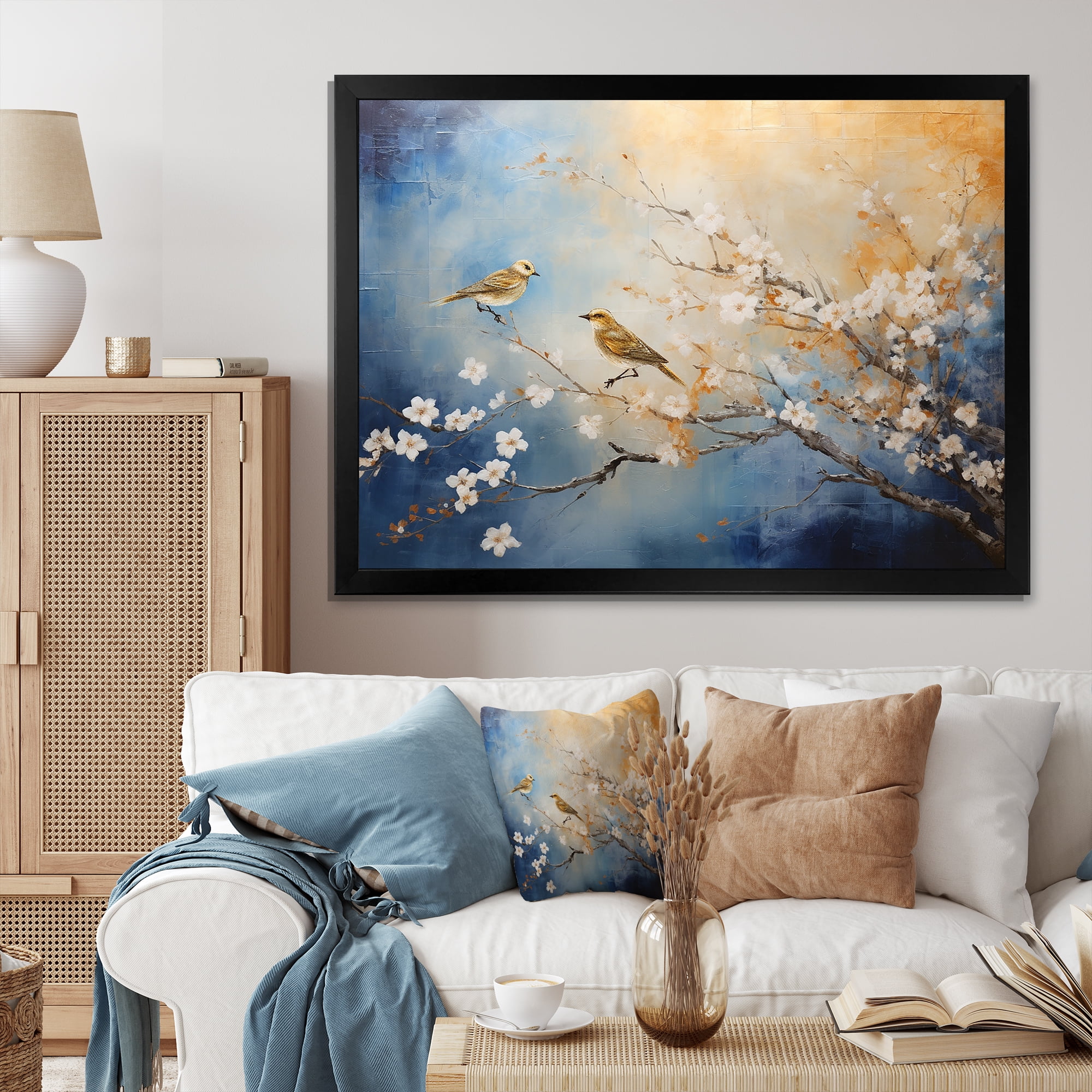 Designart "Birds in Gold and Blue Amid Floral Trees" Animals Framed ...