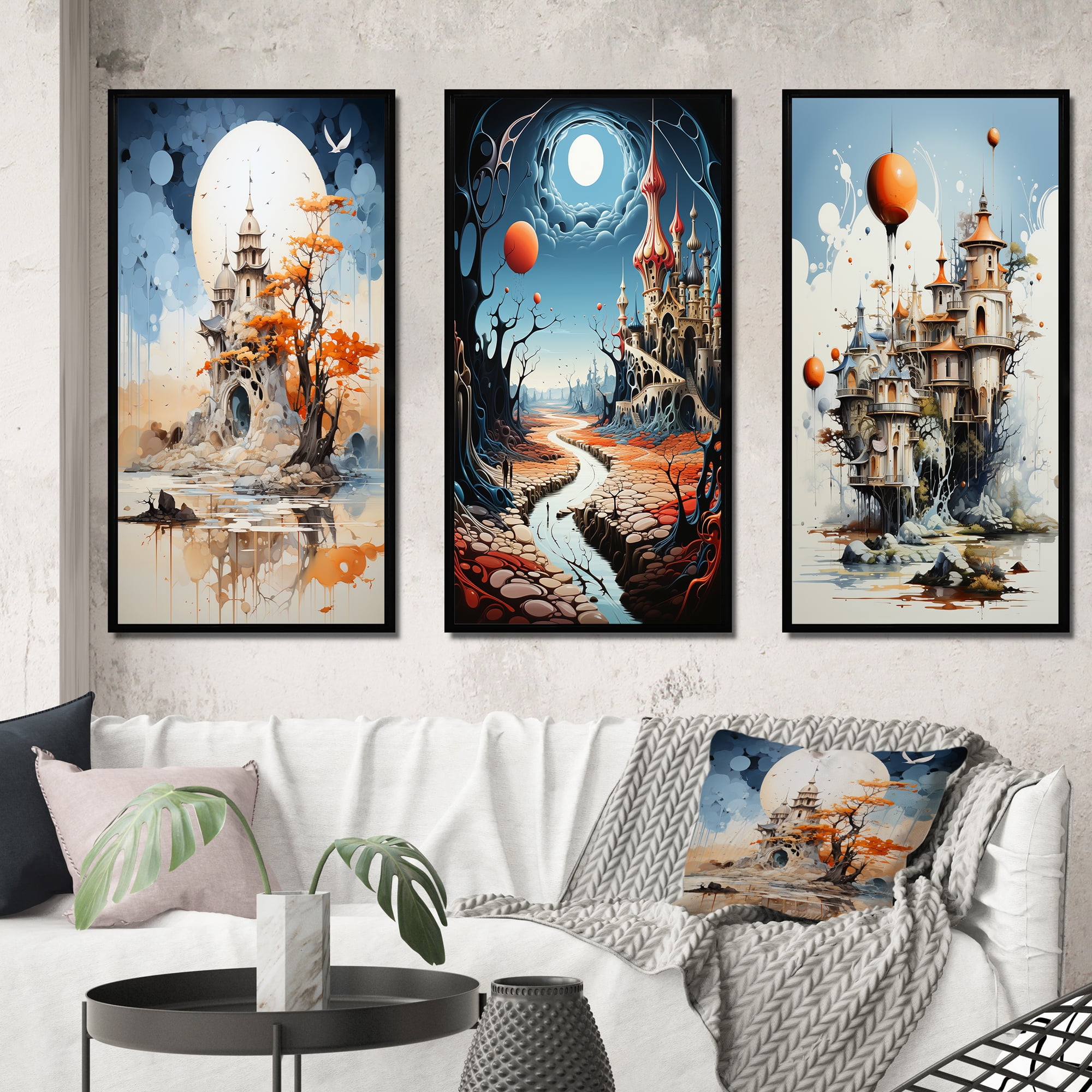Designart "Bizare Dream Caslte Imaginary" Floral Framed Wall Art Set Of ...