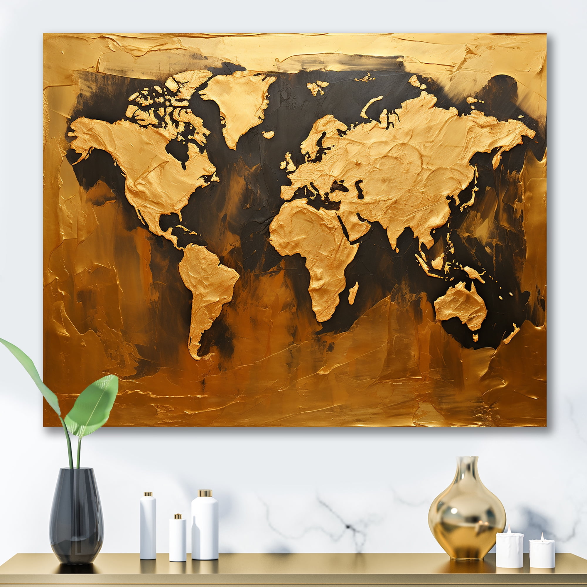 Designart "Black And Gold Geography On The World Map" World Map Wall ...